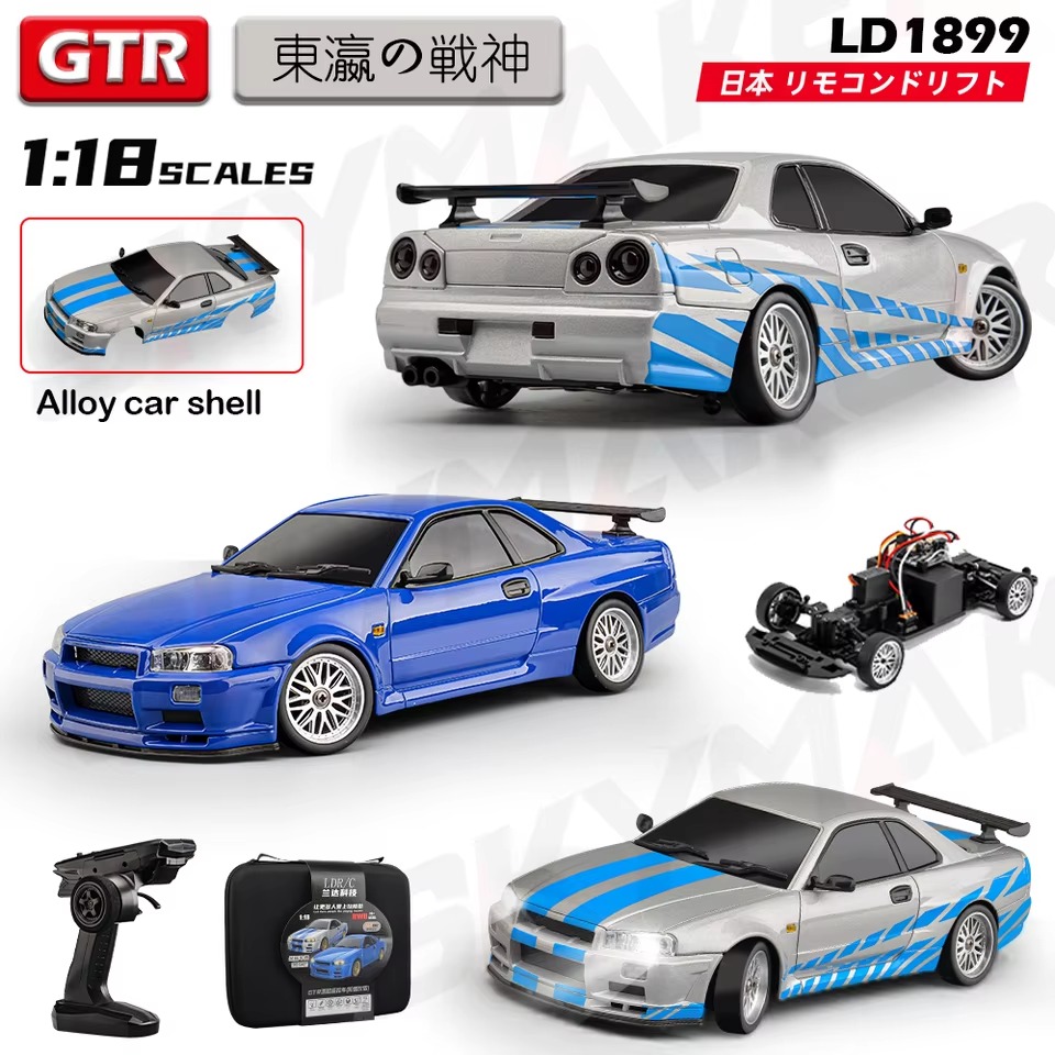 (NEW) LDRC 1/18 RC Drift Car LD1899 GTR R34 RWD Racing Car LD1899 Gyroscope ESC Radio Light ...