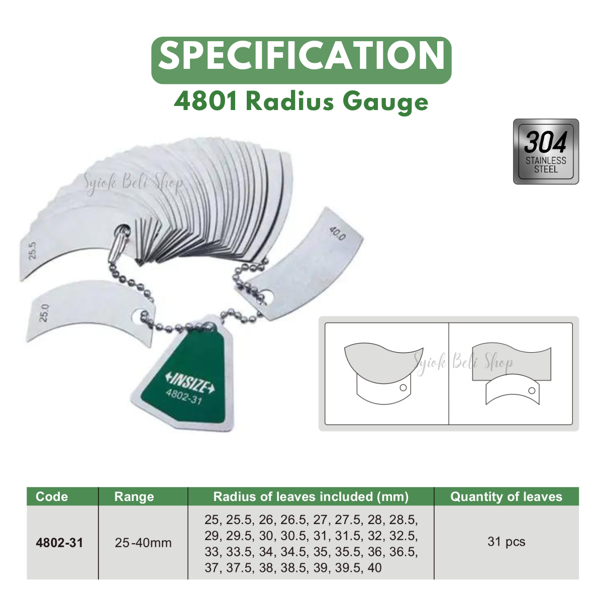 INSIZE Radius Gauge / Radius Gage Metric Engine Cylinder Range 25-40mm ...