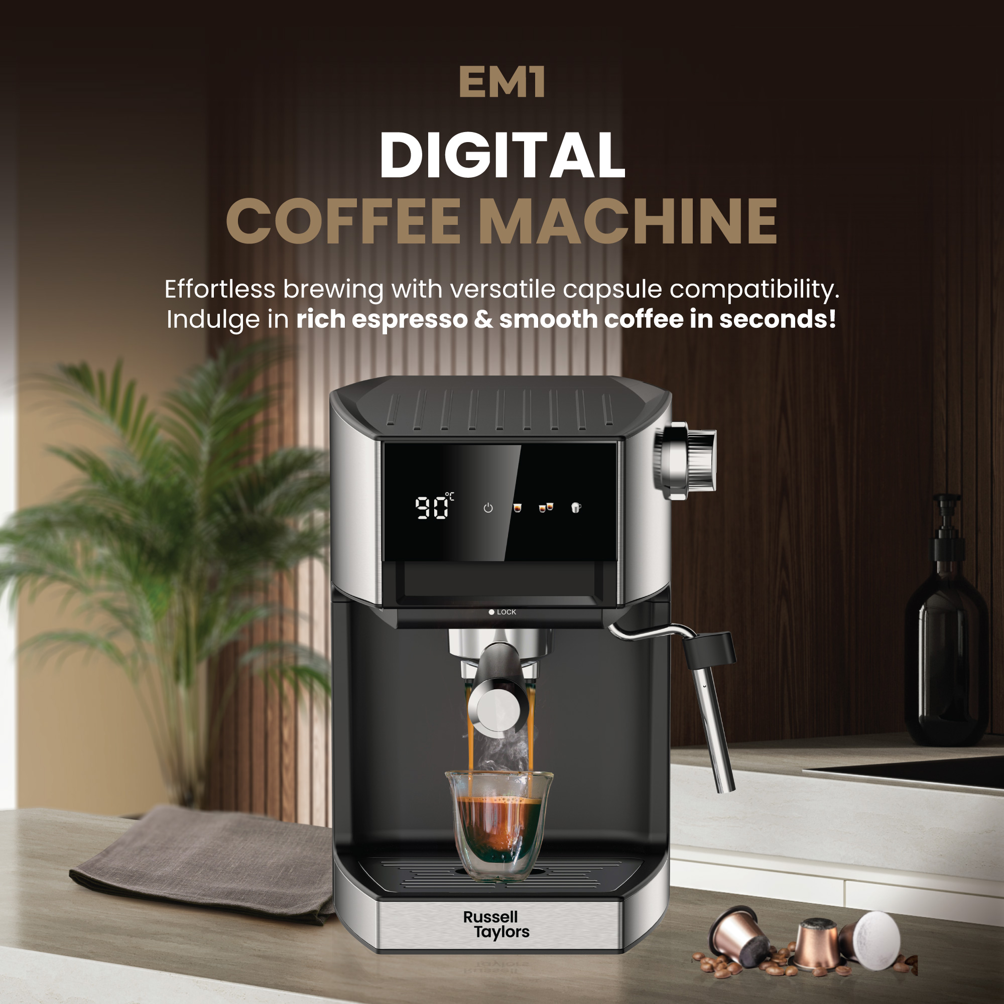 Russell Taylors 20 Bar Espresso Coffee Machine Digital Coffee Maker EM1 ...