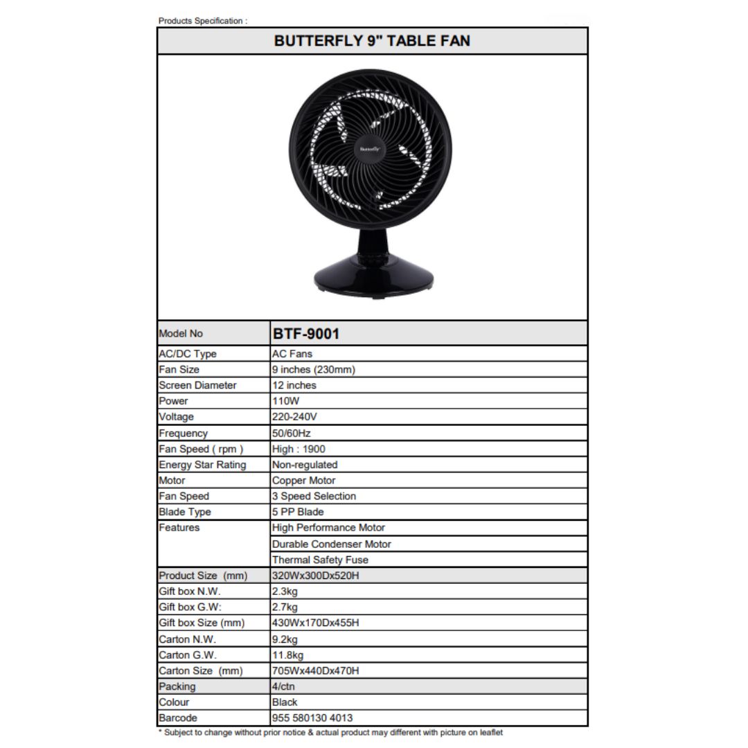 Butterfly 5 Blade Table Fan 3 Speed (8") BTF-8001 / (9") BTF-9001 ...