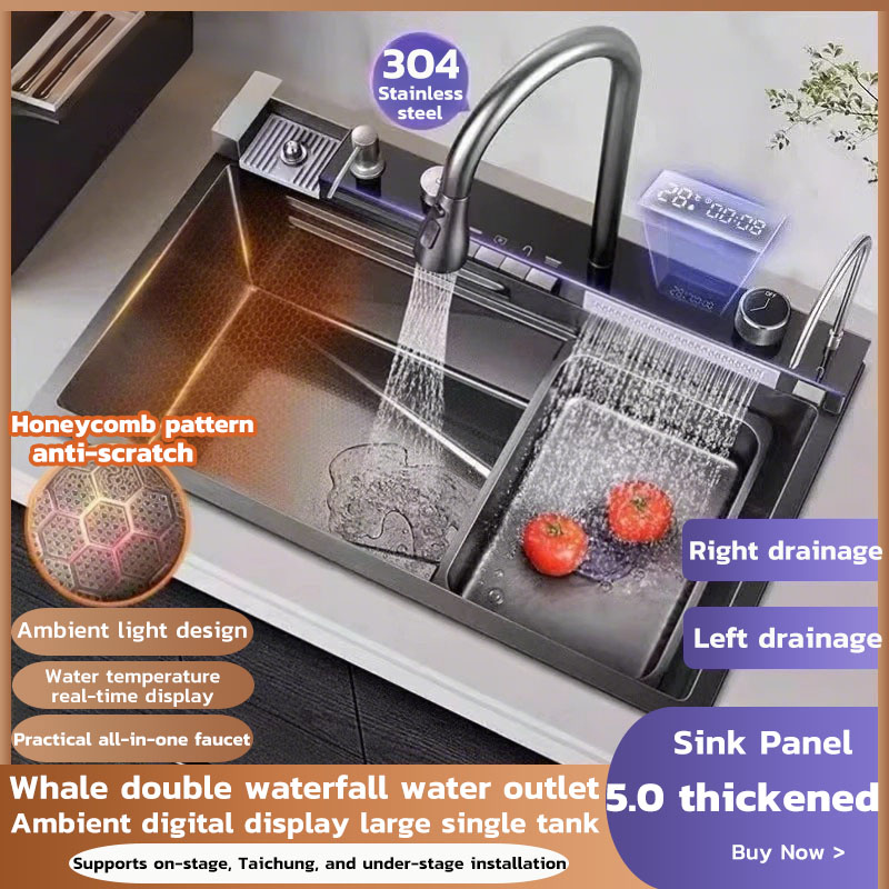 Sink LED water temperature display/Double Waterfall 304 stainless steel ...