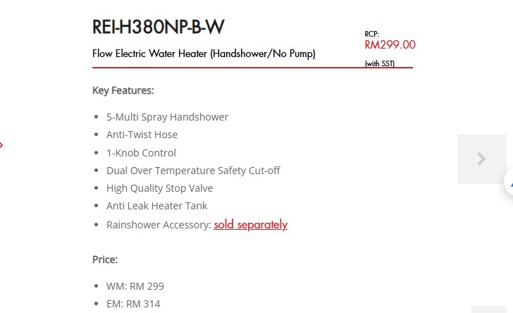 Rinnai Flow Electric Water Heater Shower REI-H380NP-B-W - Pemanas Air ...