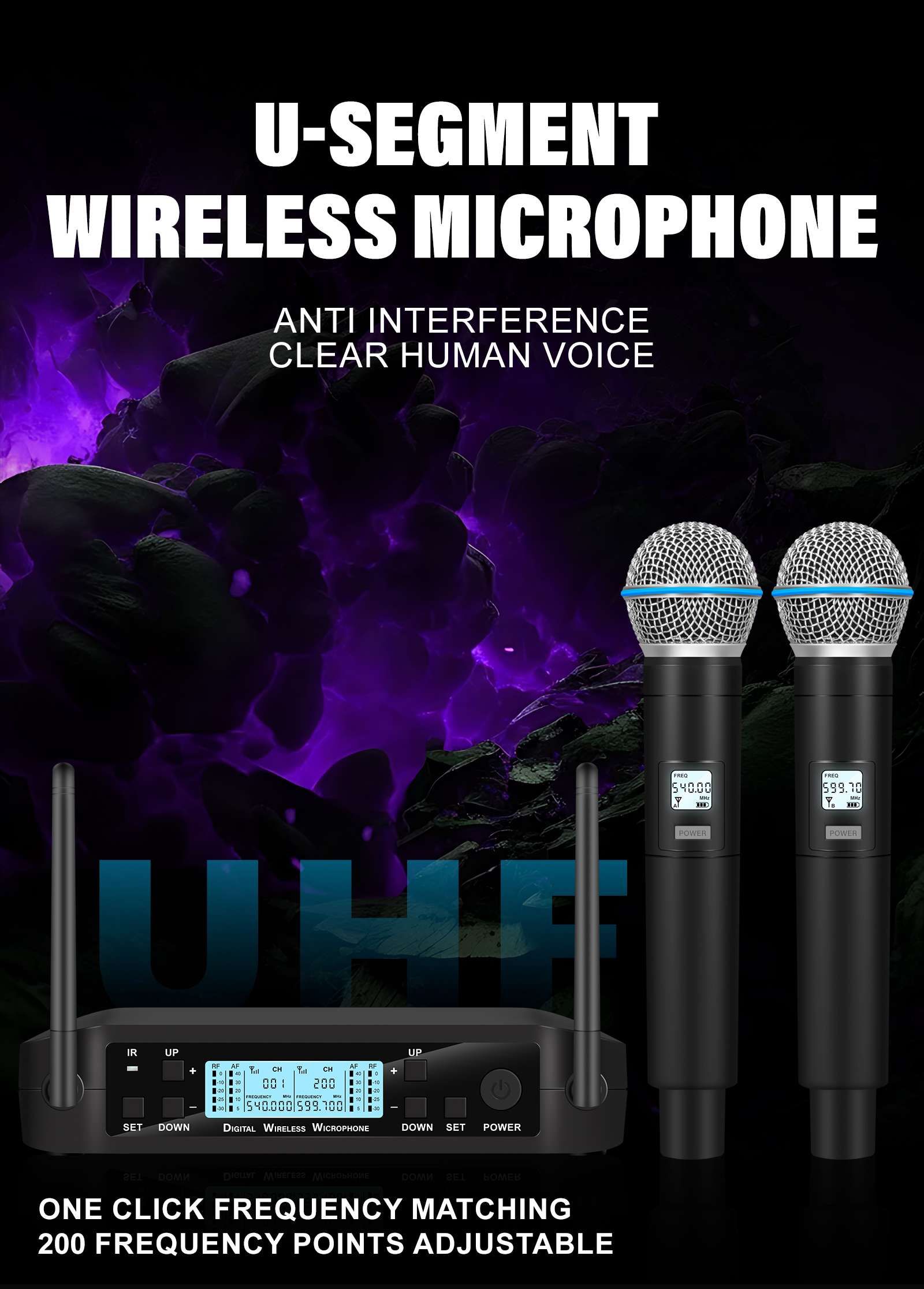 UHF wireless handheld microphone system,200 frequencies, long distance, automatic scanning ...