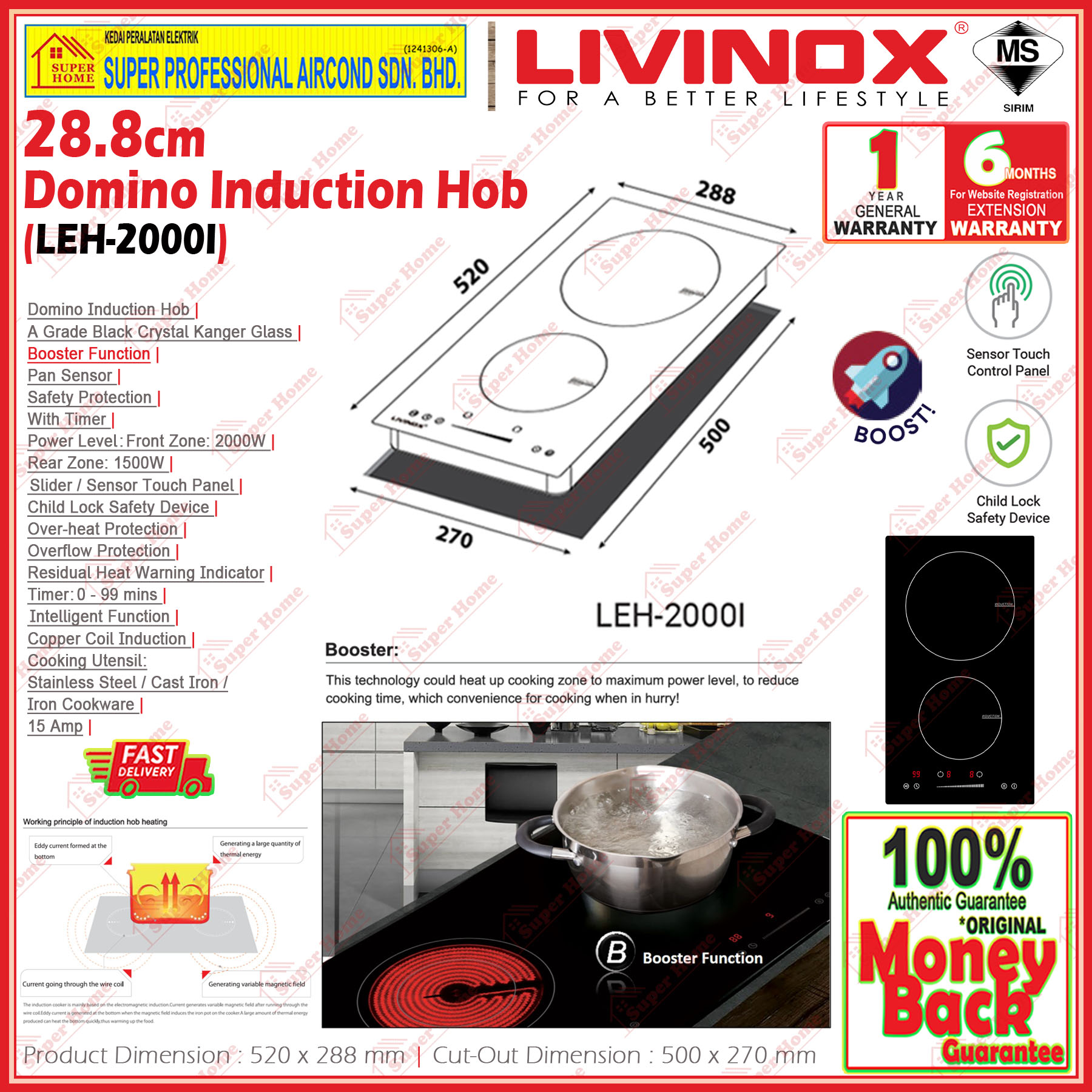 Livinox Domino Induction Hob LEH-2000I Built-in Electric Hob Safety ...