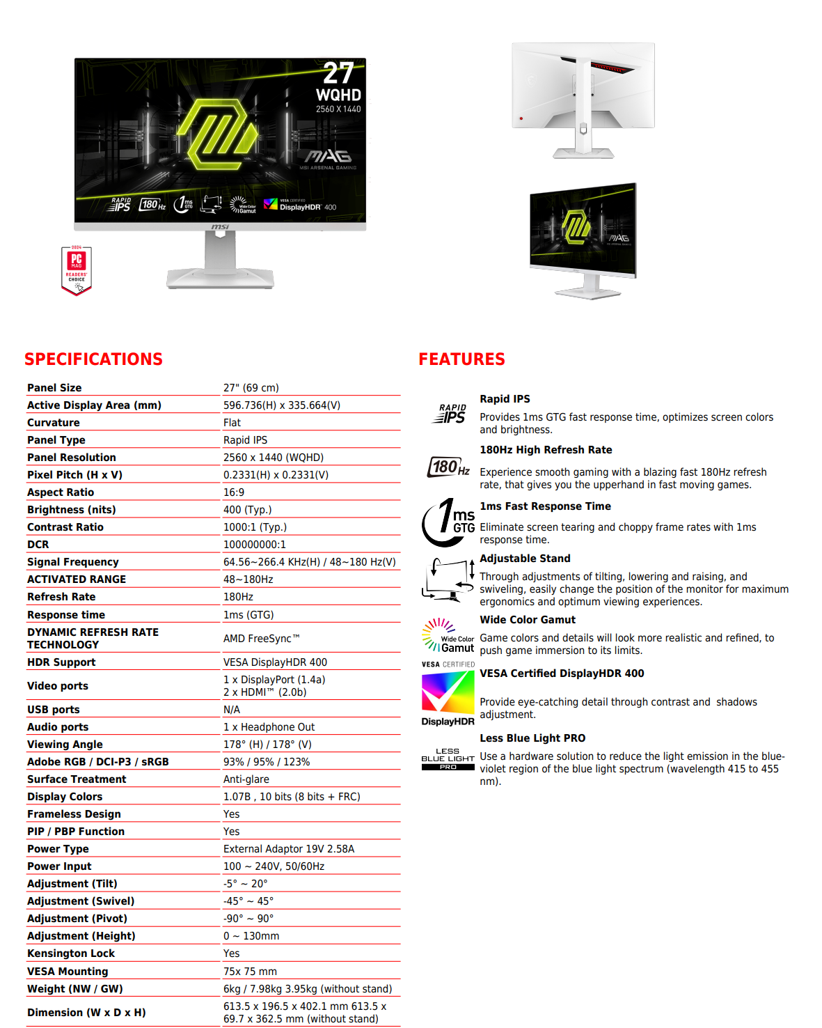 MSI MAG 274QRFW GAMING MONITOR | 27" | 1MS | 180Hz | 2560 x 1440 WQHD ...