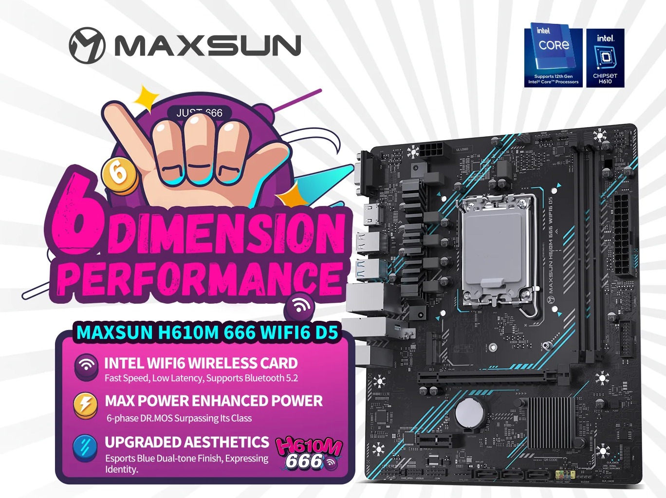 Maxsun H610M 666 WIFI6 D5 LGA1700 DDR5 Motherboard MicroATX 12th 13th ...
