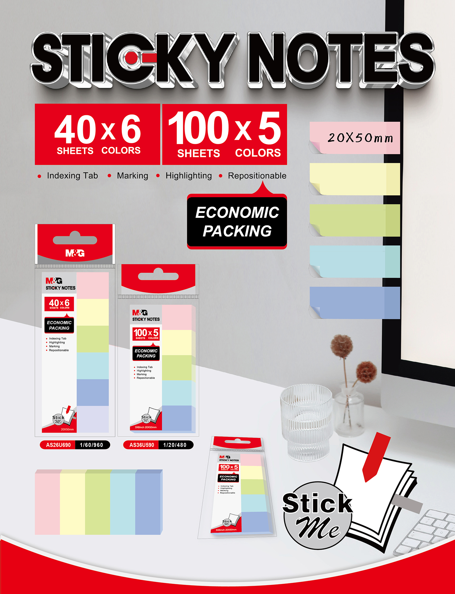 M&G Pastel Sticky Notes 20mm x 50mm 100 Sheets X 5 Colours / 60 Sheets ...