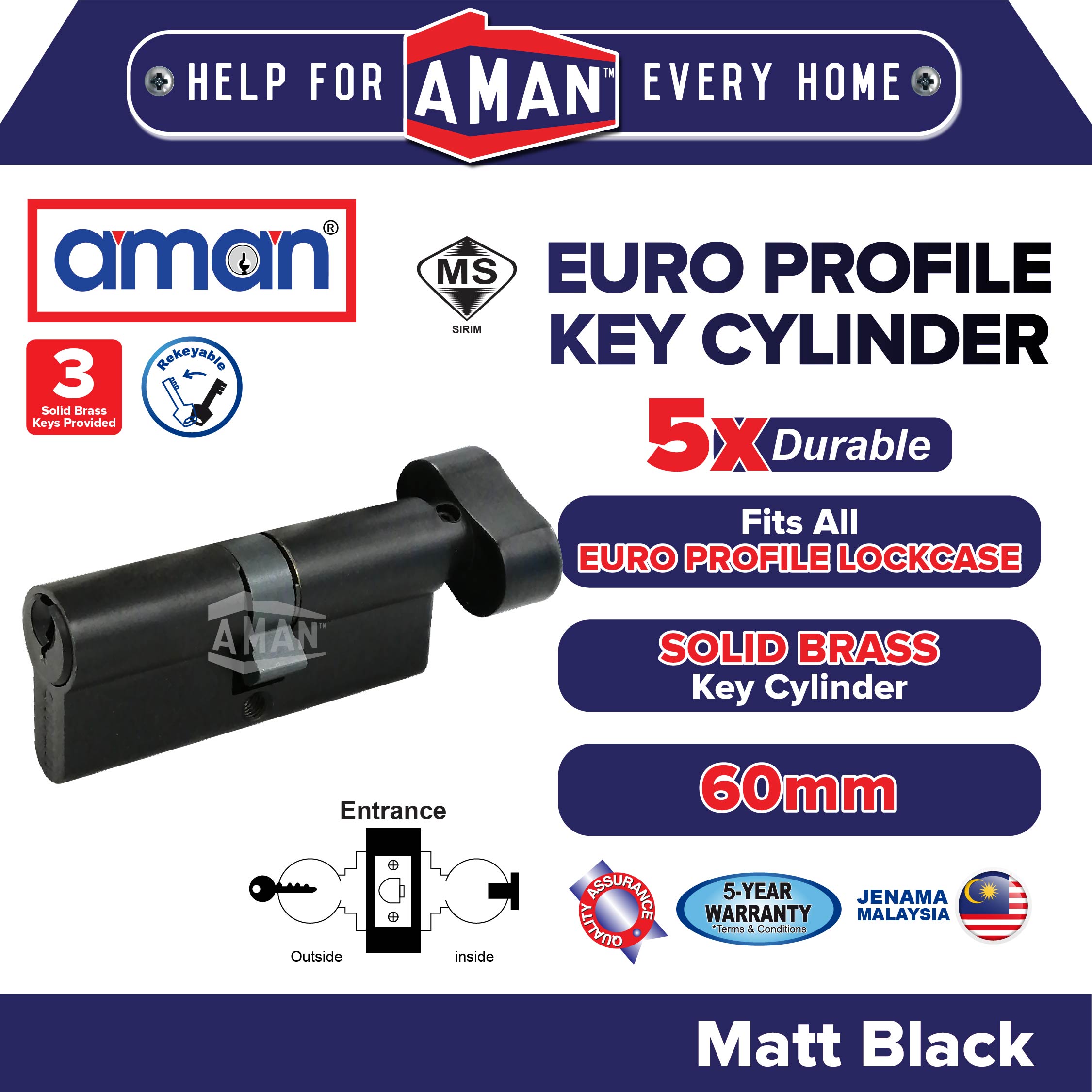 AMAN SUS 304 Stainless Steel Lever Euro Mortise Profile Key Cylinder ...