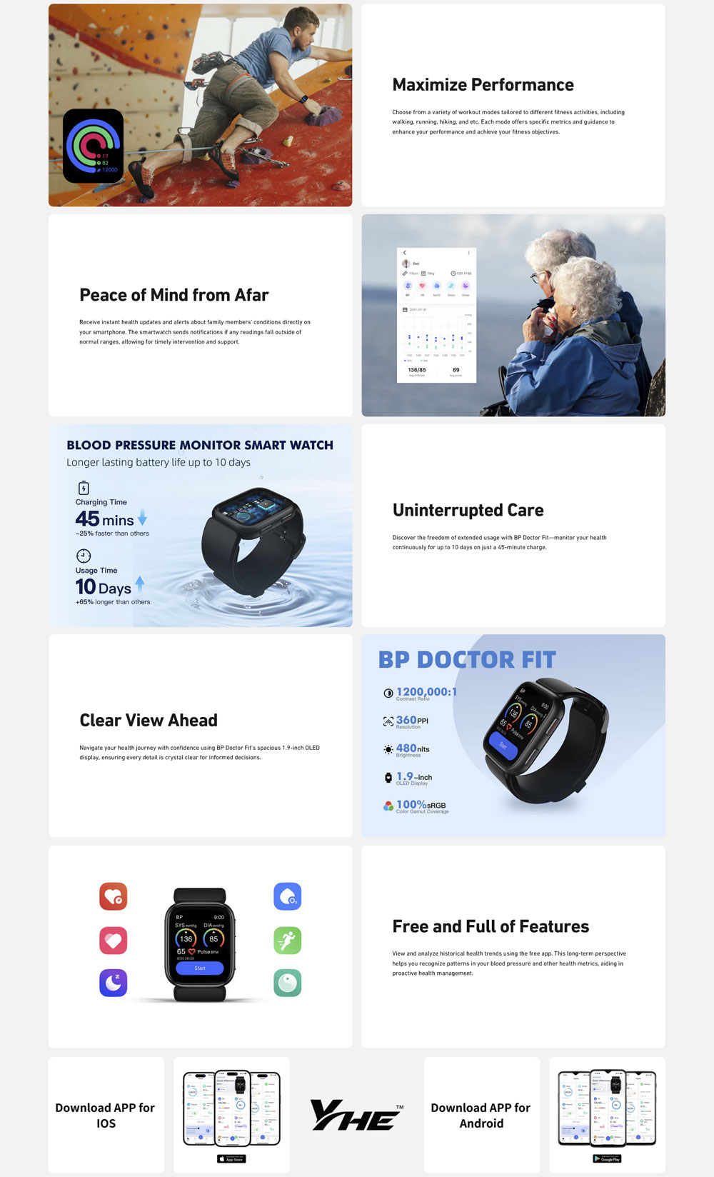 YHE BP DOCTOR FIT - Blood Pressure Smartwatch with heart rate, blood oxygen levels, sleep ...