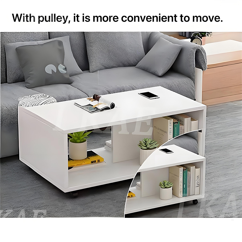 2 Layer Square Coffee Table with Wheels | White Wooden Side Table ...