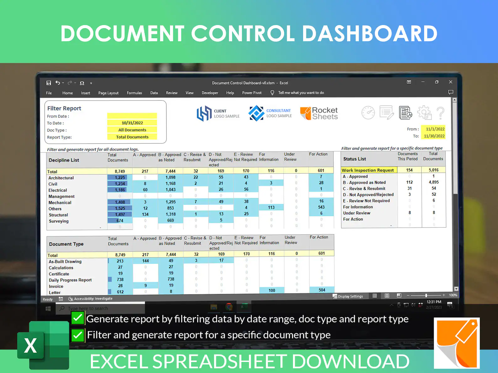 Document Control Dashboard, Dynamic Report Document Project Management ...