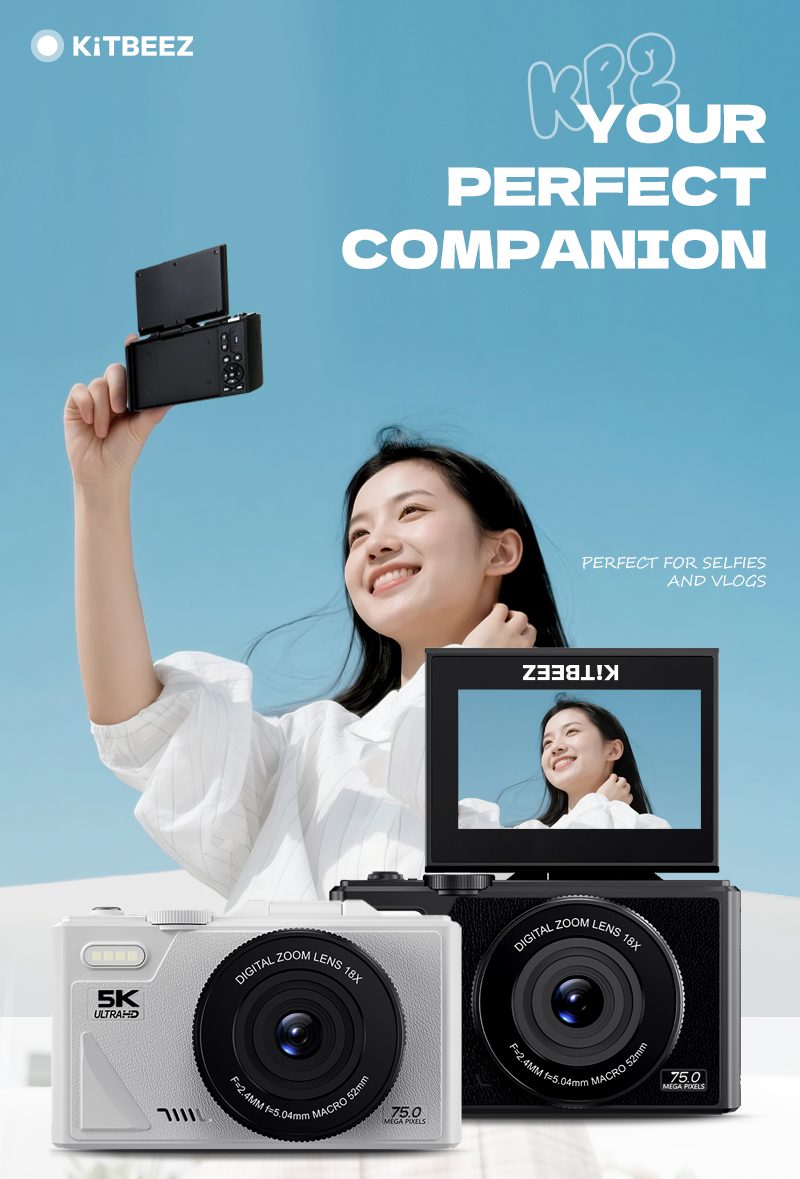 KiTBEEZ💡 75MP WiFi Digital Camera 180° Flip Screen 18X Zoom Selfile ...