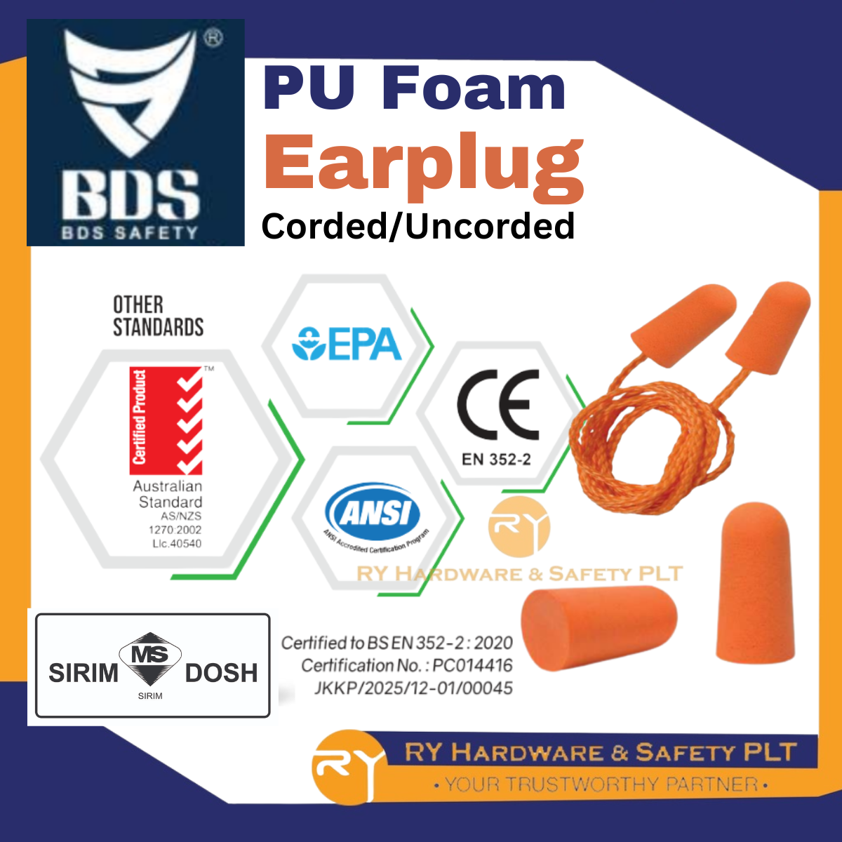 [SIRIM DOSH] [Bulk Order] BDS Safety Disposable PU Foam Earplug Corded ...