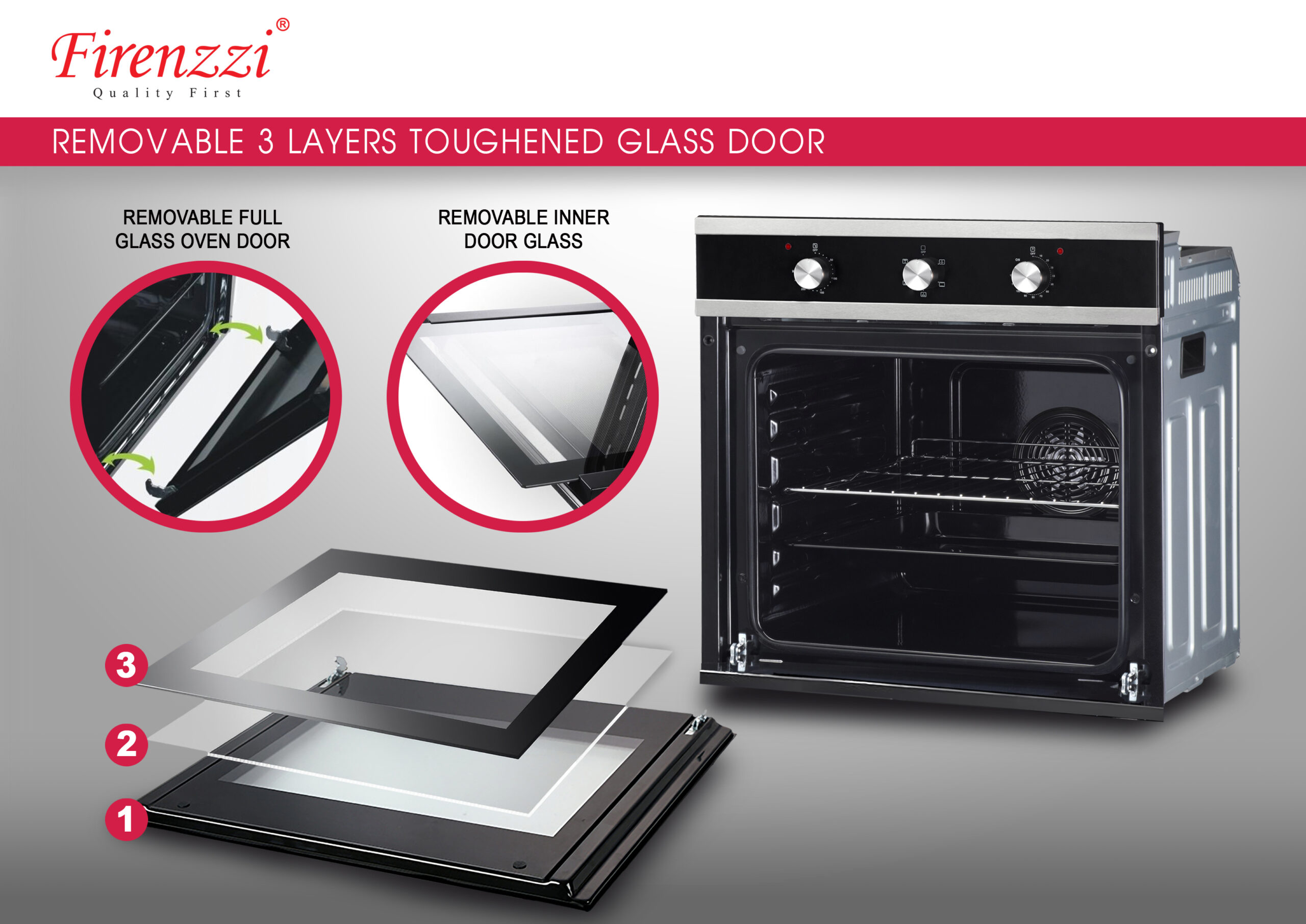 Firenzzi Built In Oven FBO-6063 60 Liters 3 layer Glass Door 6 Cooking ...