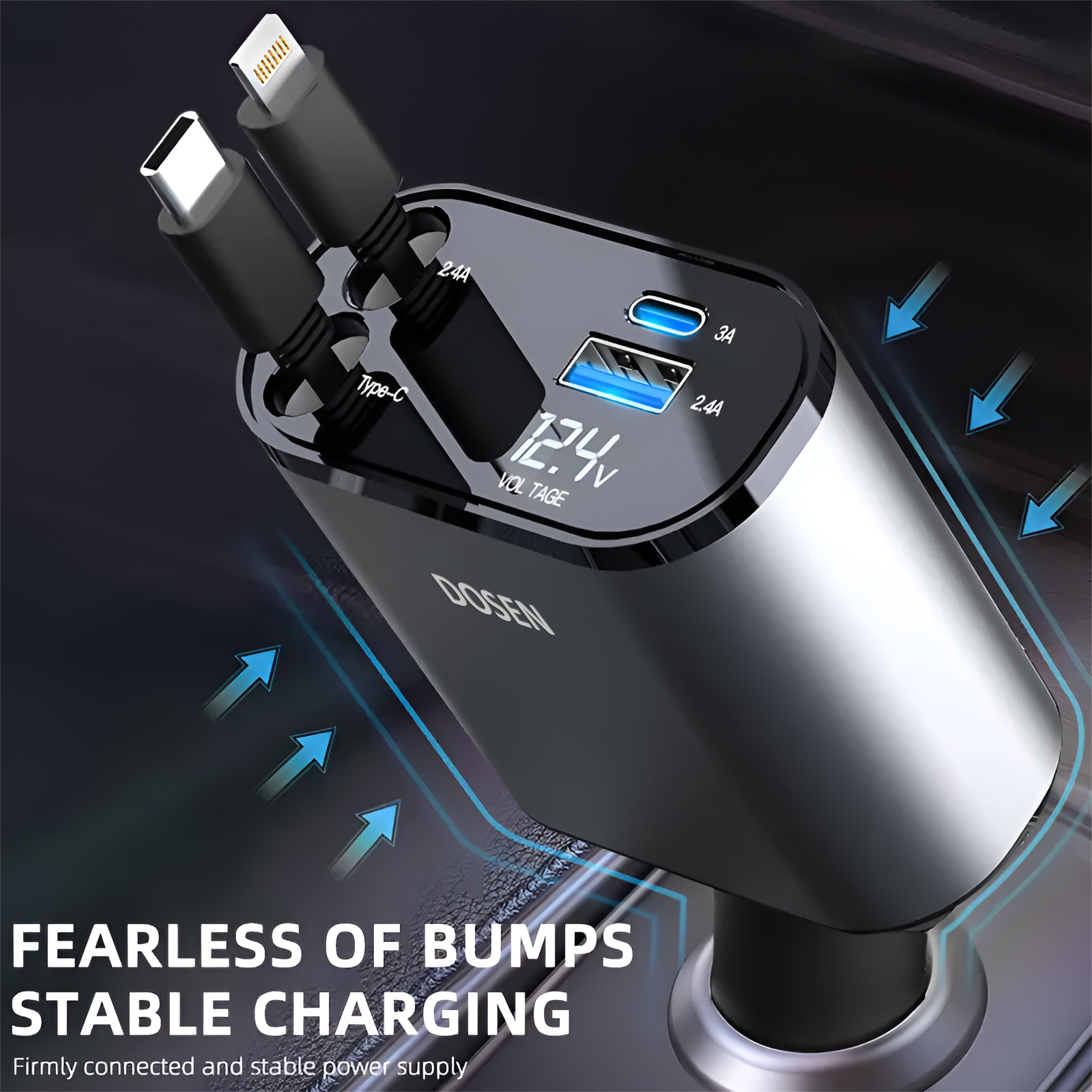 DOSEN Retractable Car Charger 120W 4 in 1 Car Fast Charger Retractable Car Charger IOS dan Type ...