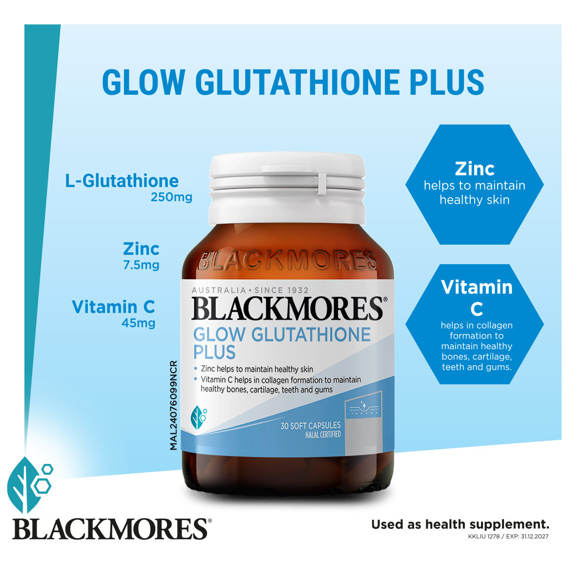 Blackmores Glow Glutathione Plus 30s - Zinc Helps Maintain Healthy Skin (Min 6 Months Expiry ...