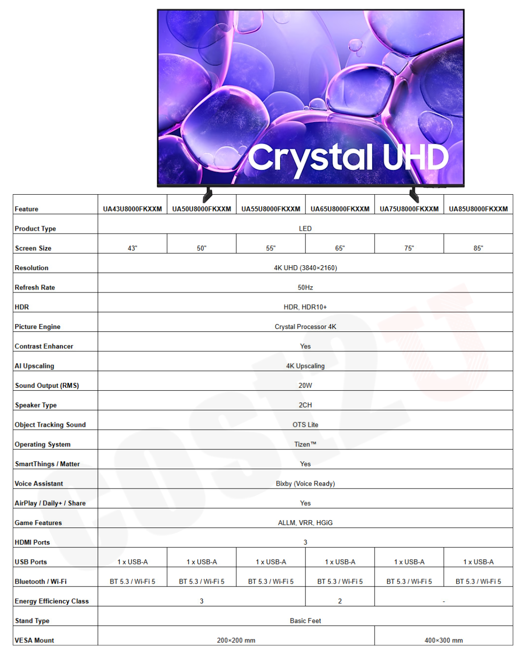 Samsung 50/55/65" DU8000/U8000F 4K Crystal UHD Smart TV/Smart AI TV ...
