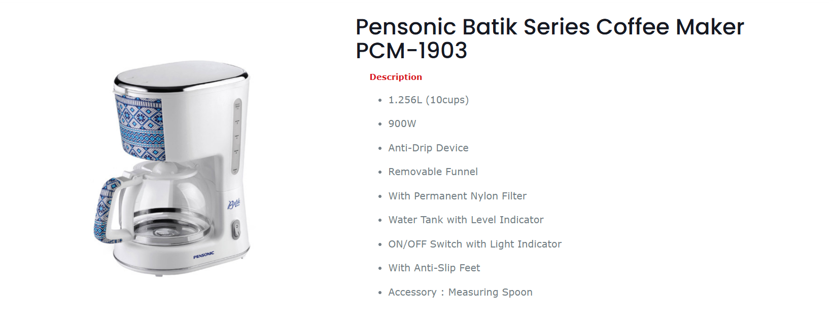 Pensonic Coffee Maker Batik Series Anti-Drip Device 1.25L Mesin Pembuat ...