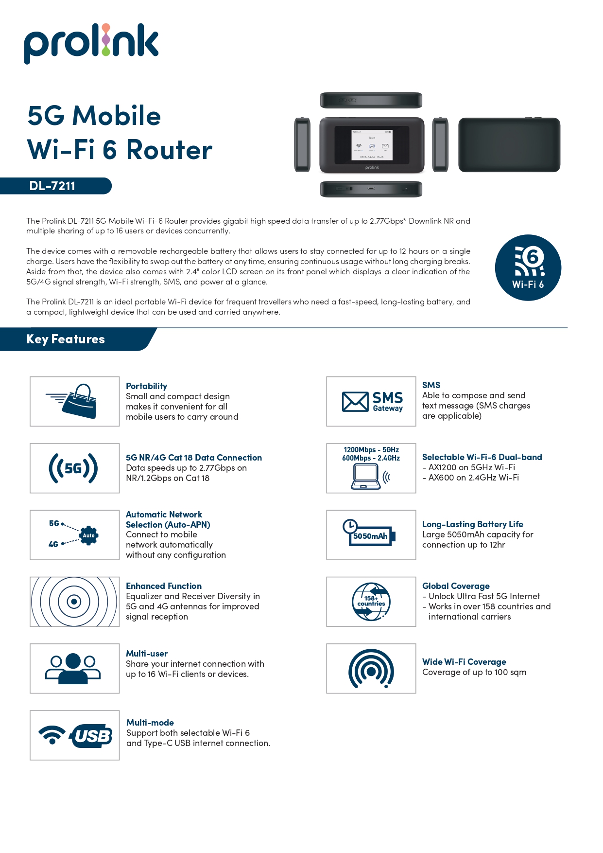 Prolink 5G Pocket WiFi Router/MiFi | Wi-Fi 6 AX1800 | Portable Modem ...