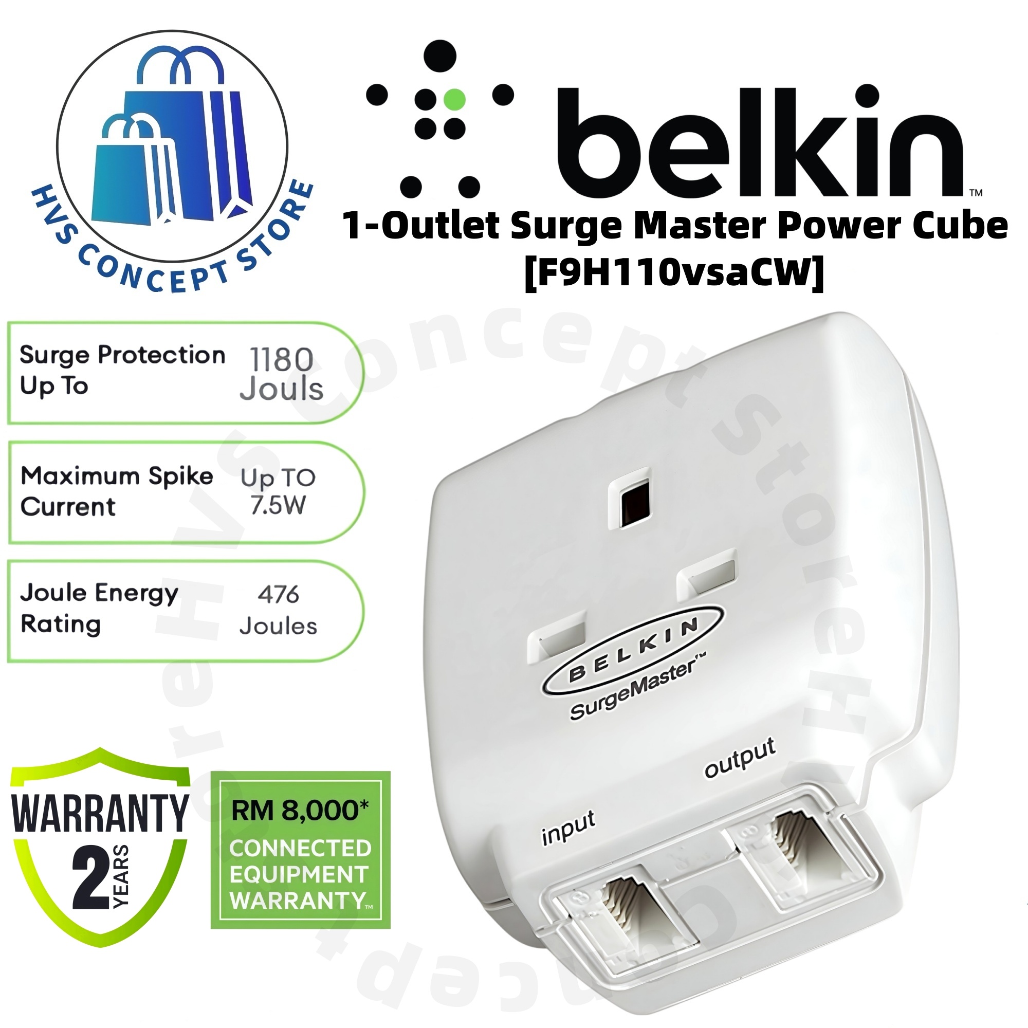 BELKIN 1-OUTLET SURGE MASTER POWER CUBE (F9H110VSACW) | Shopee Malaysia