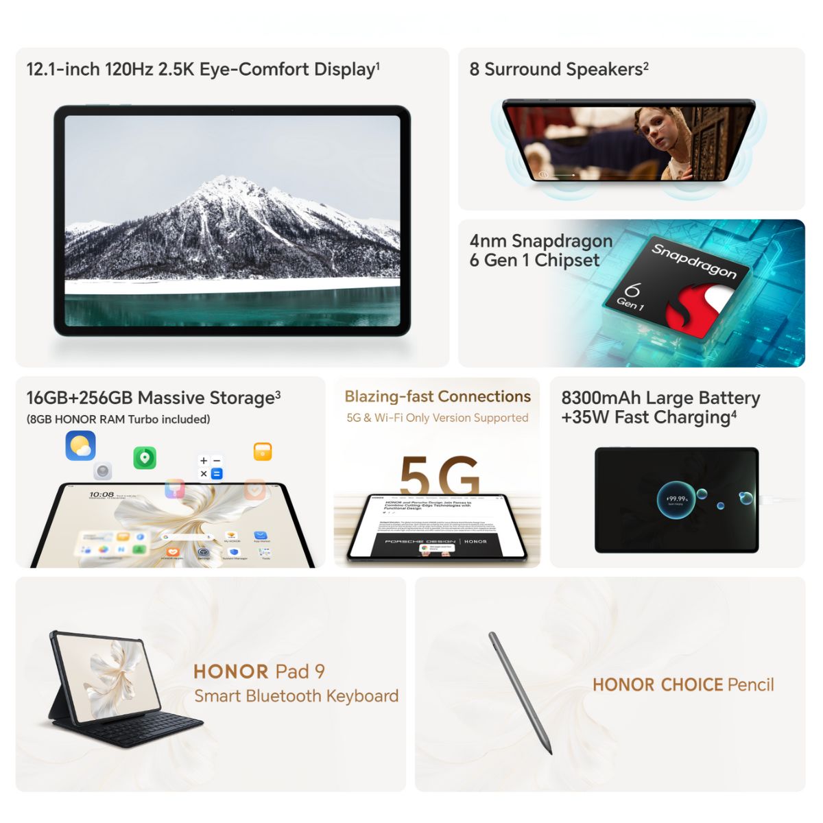 Honor Pad 9 5G/WIFI [Without Keyboard] | 12.1" 2.5k Eye Comfort Display I Snapdragon 6Gen1 I ...