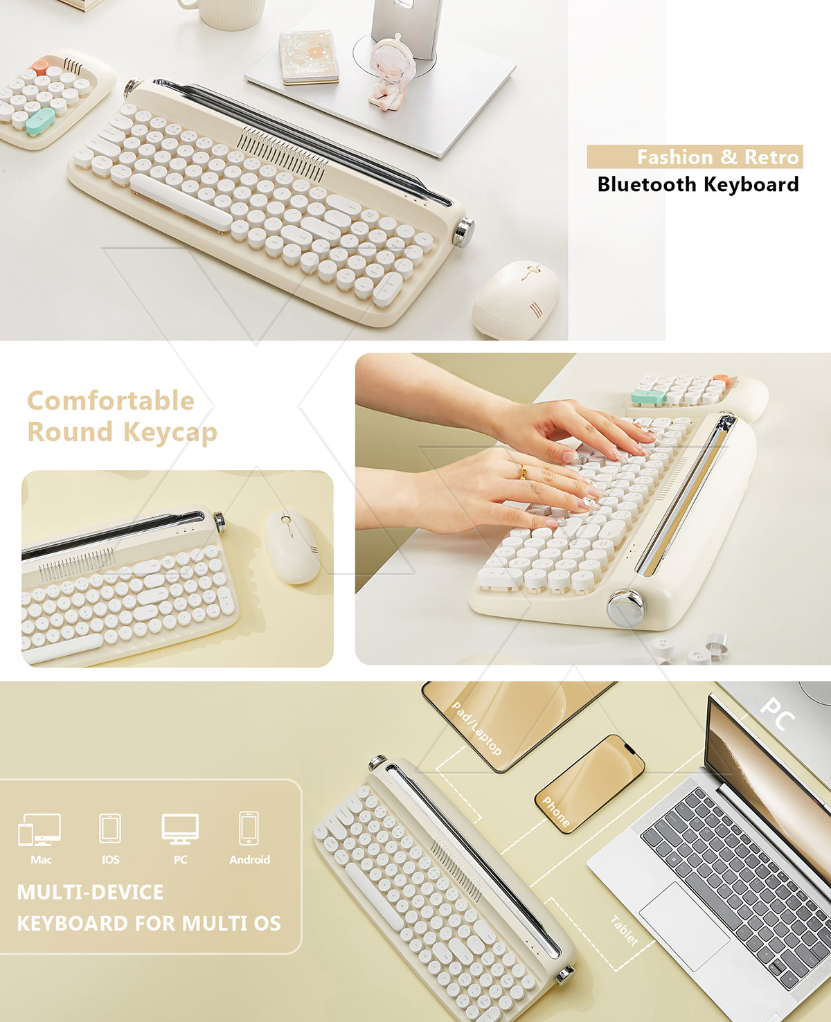 Retro Wireless Keyboard Typewriter Bluetooth 5.0 Keyboard Round Keycaps ...
