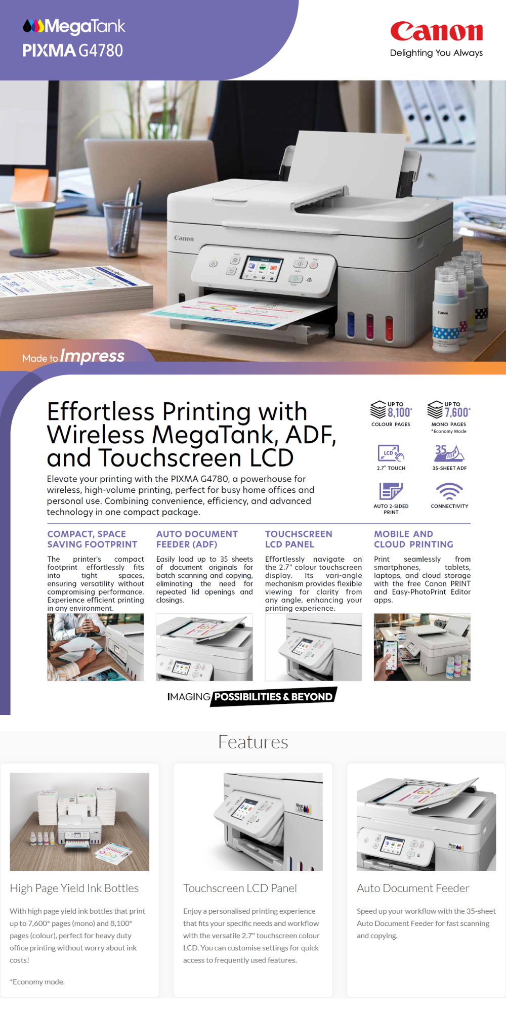 Canon PIXMA G4780 Mega Ink Tank Wireless All-in-One Printer with ADF ...