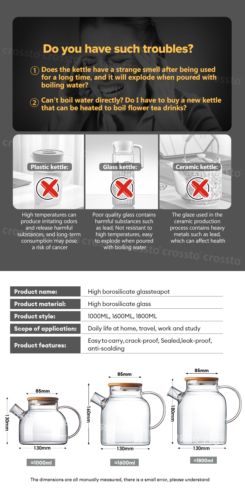 CROSSTO🔥Sesuai untuk dapur gas🔥1L/1.6L/1.8L teko kaca balang air jug ...