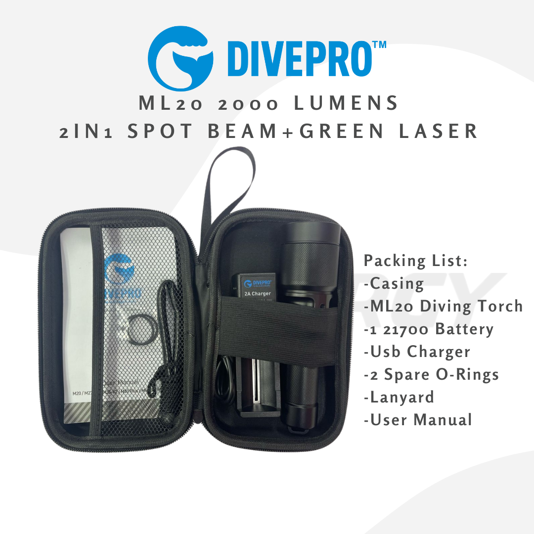 DIVEPRO ML20 2000Lumens 2in1 Spot+Green Laser Waterproof Dive Torch ...