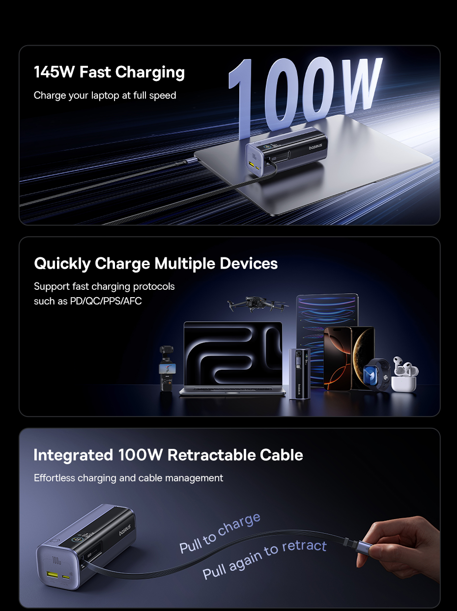 Baseus 100W 10000mAh Power Bank Built-in Retractable USB-C Cable Portable PD for Phone Laptop ...