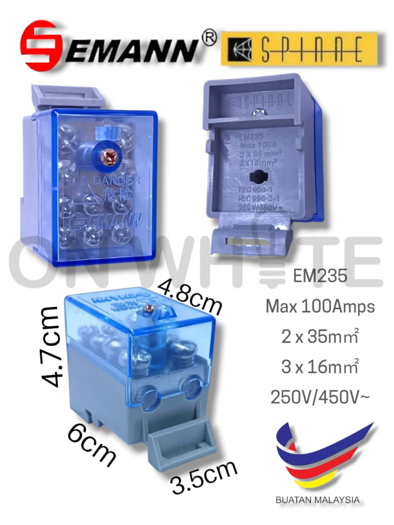 EMANN TERMINAL BLOCK / NEUTRAL LINK 100A EM235 WITH BLUE COVER > DIN ...