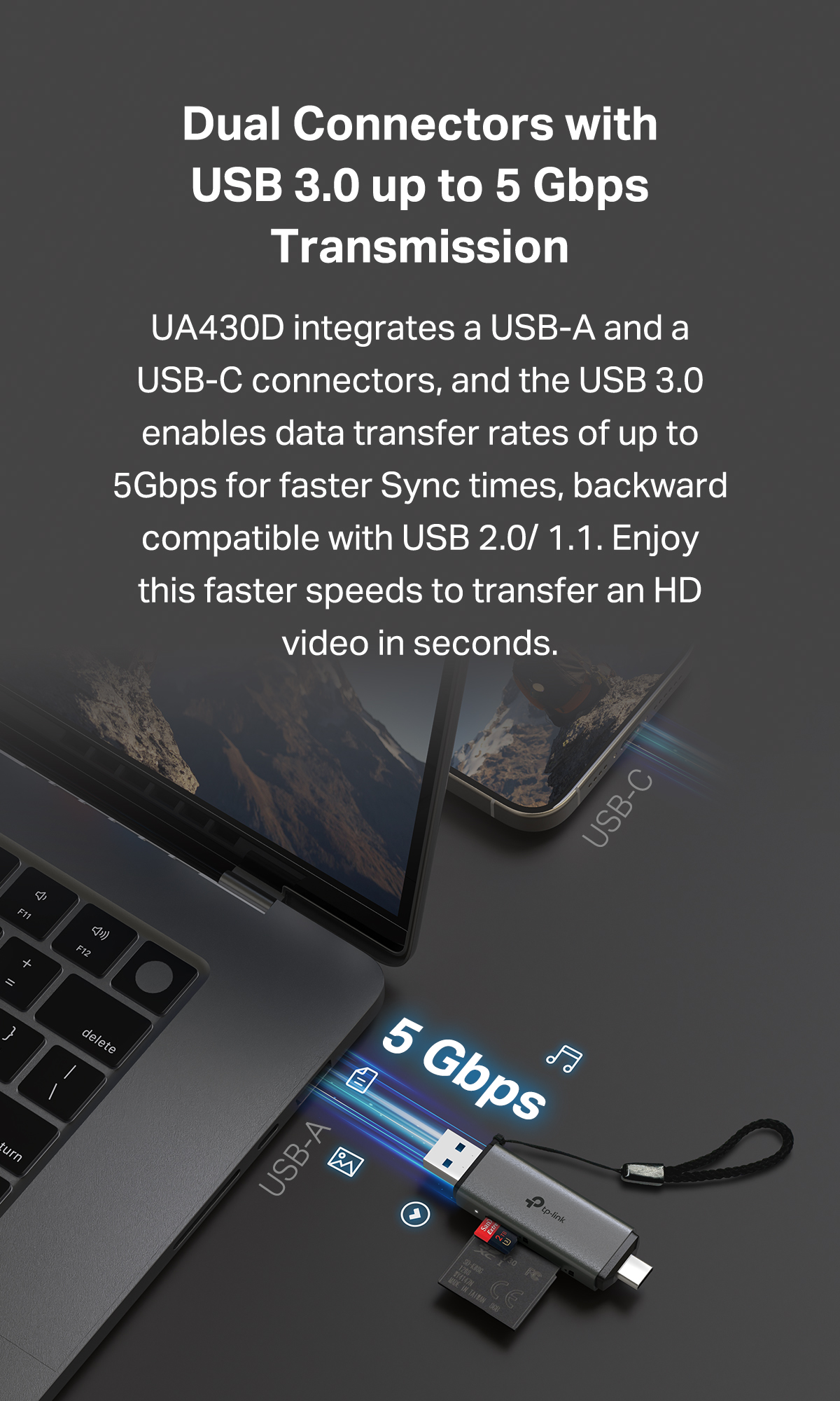 TP-Link UA430D 2-in-1 USB3.0 Type-C&A to SD MicroSD TF 3.0 Card Reader ...