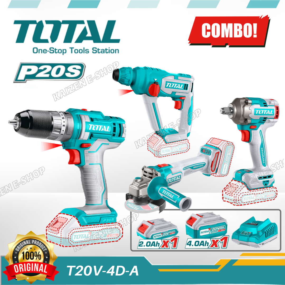 Total T20V-4D-A P20s Lithium-ion Cordless Combo Set ( TIDLI201452 , TIWLI20401 , TAGLI21104 ...