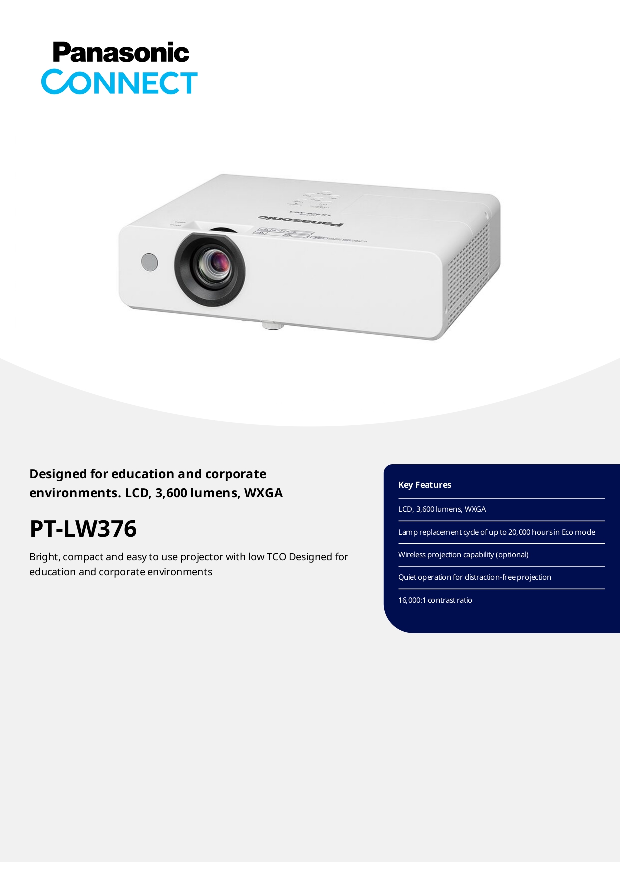 PANASONIC PT-LW376 WXGA 3600 LUMENS PORTABLE PROJECTOR WITH LOW TCO ...