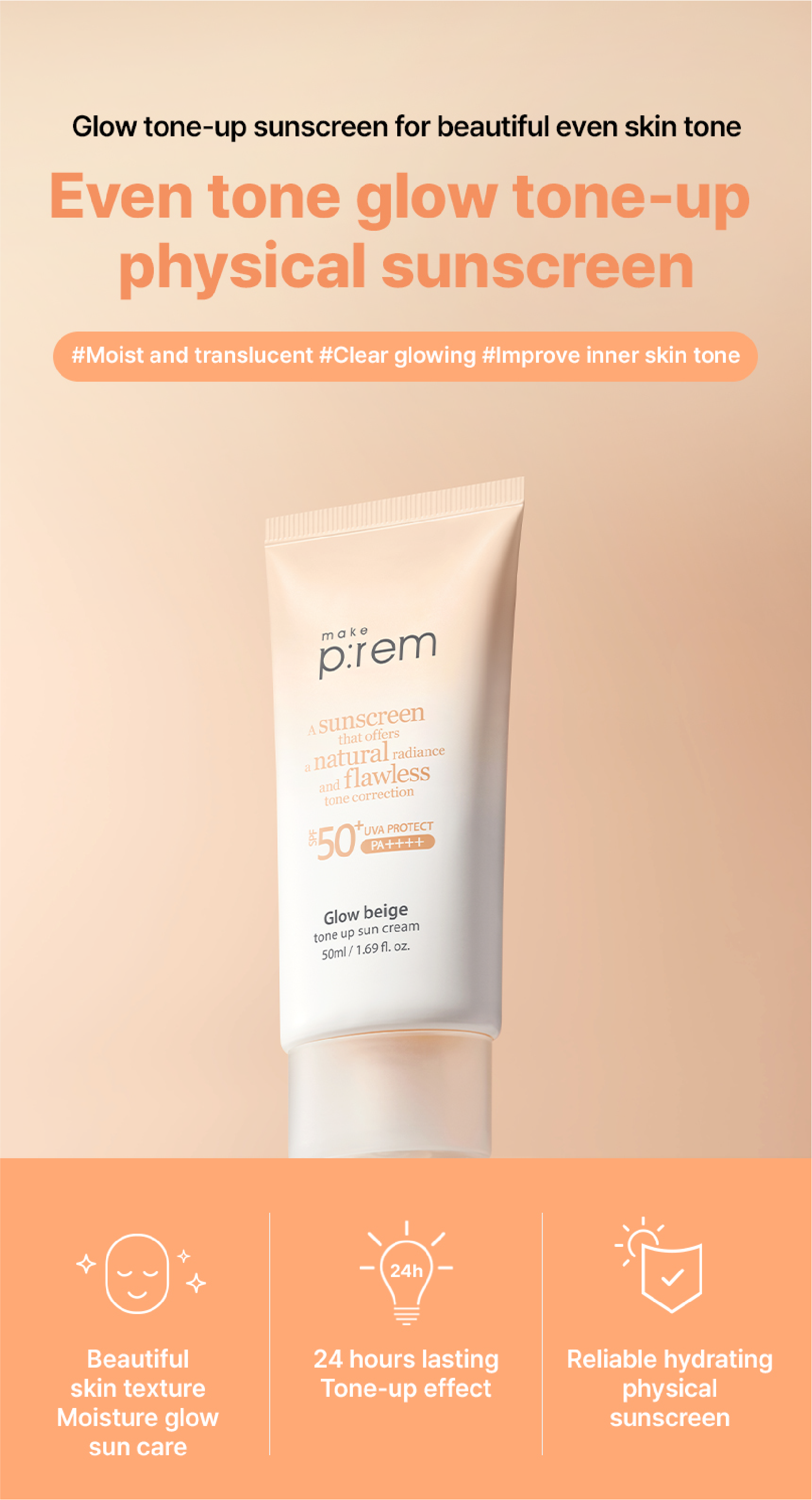 Make Prem Glow Beige Tone Up Sun Cream 50ml | Shopee Malaysia