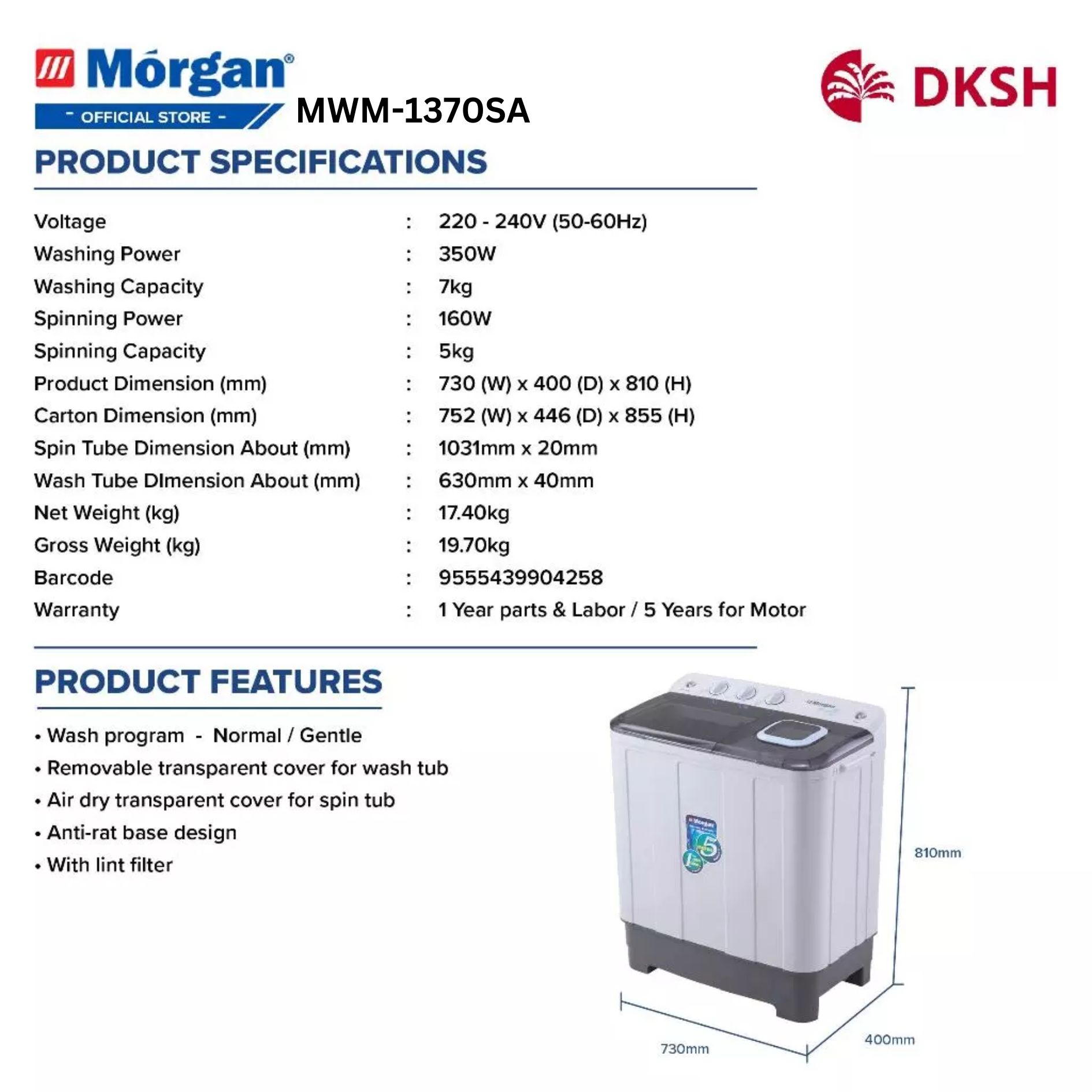 (Free Install) Mesin Basuh Pencuci Morgan | MWM-B1370SA MWM-B1310SA MWM ...