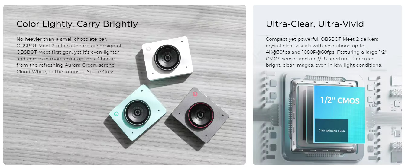 OBSBOT Meet 2 4K AI-Powered Webcam Intelligent Auto Face Tracking Ultra ...