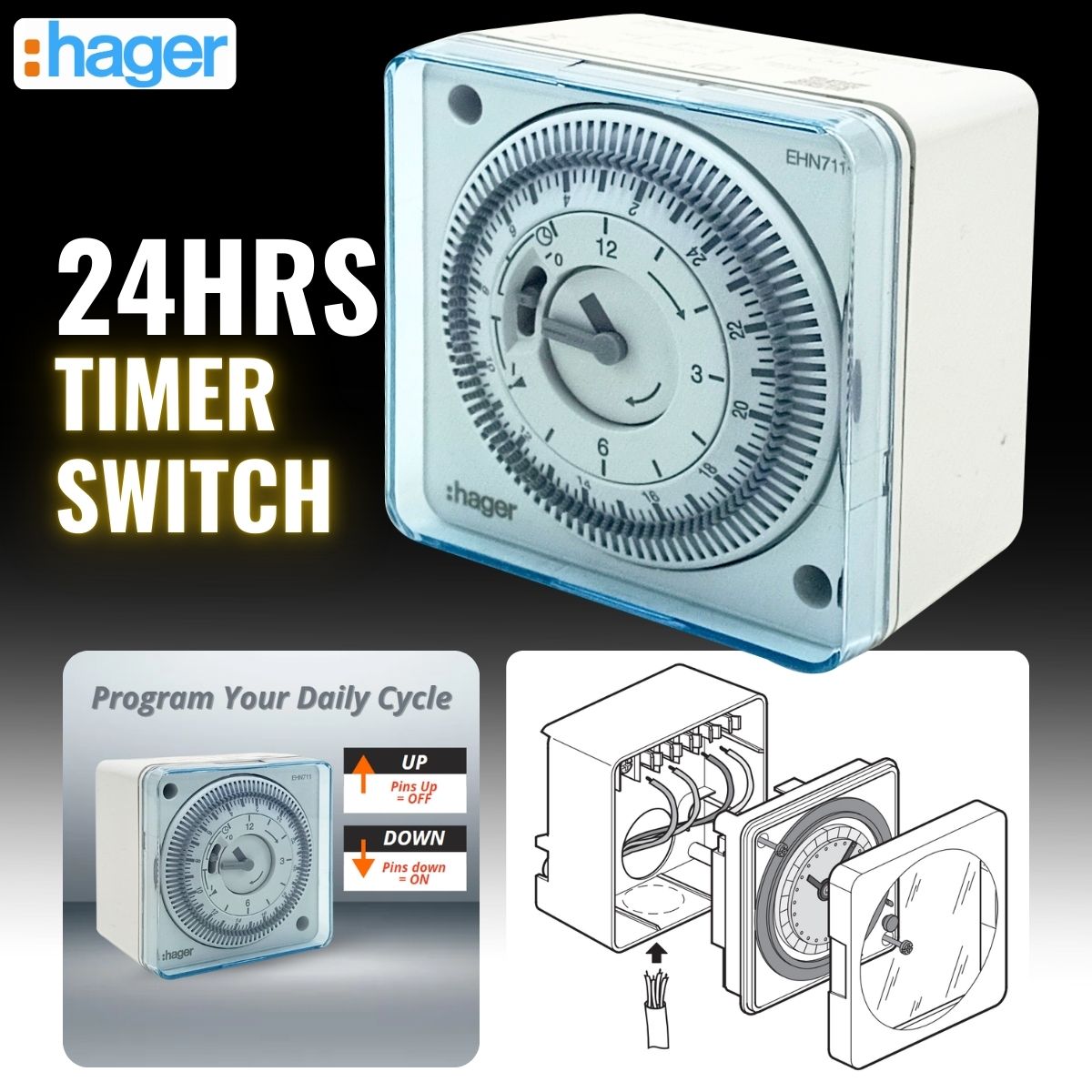 HAGER 24hr Analog Timer Switch EHN711 Timer Analog Timer Switch Timer ...