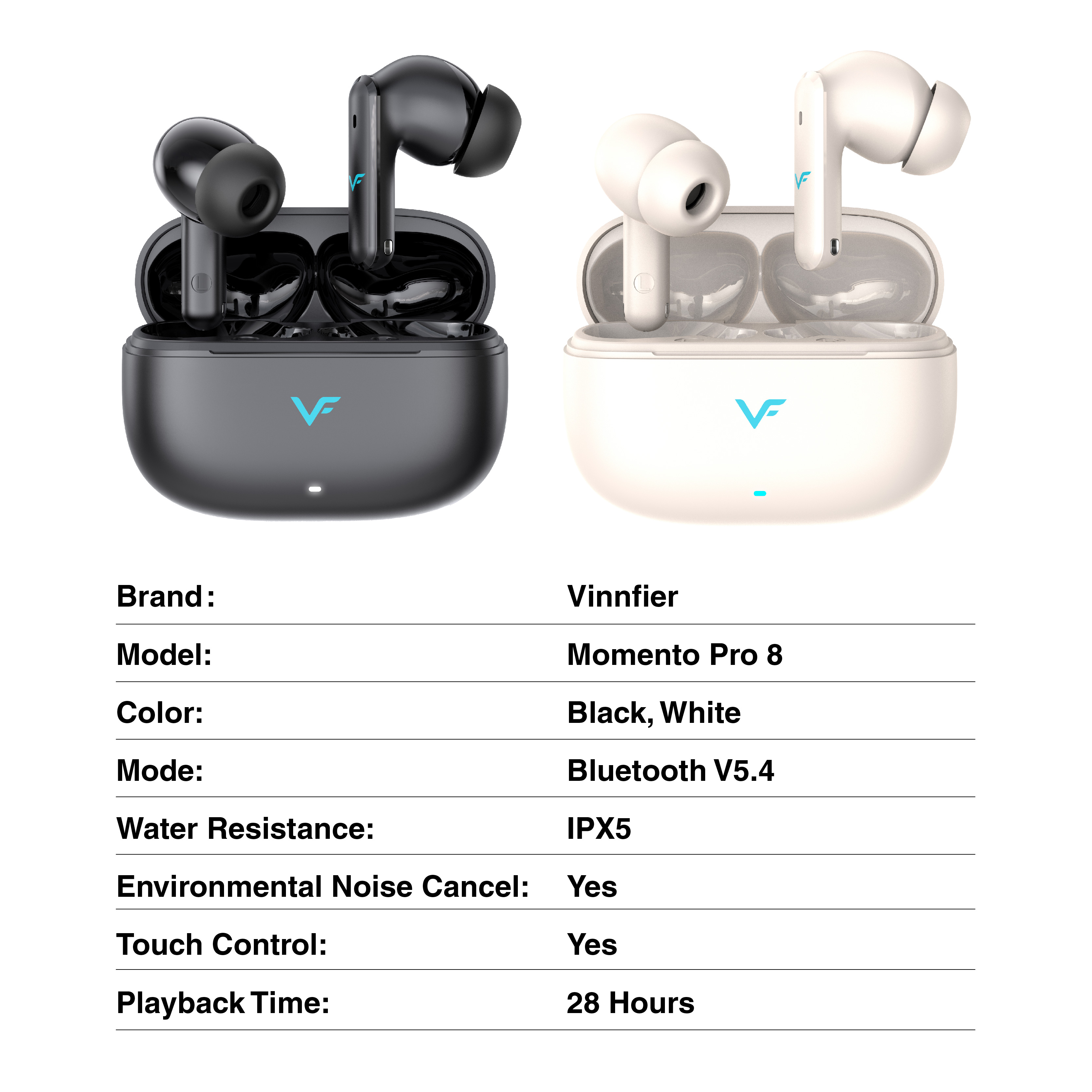 VINNFIER Momento Pro 8 True Wireless Stereo Earbuds - Black/White ...