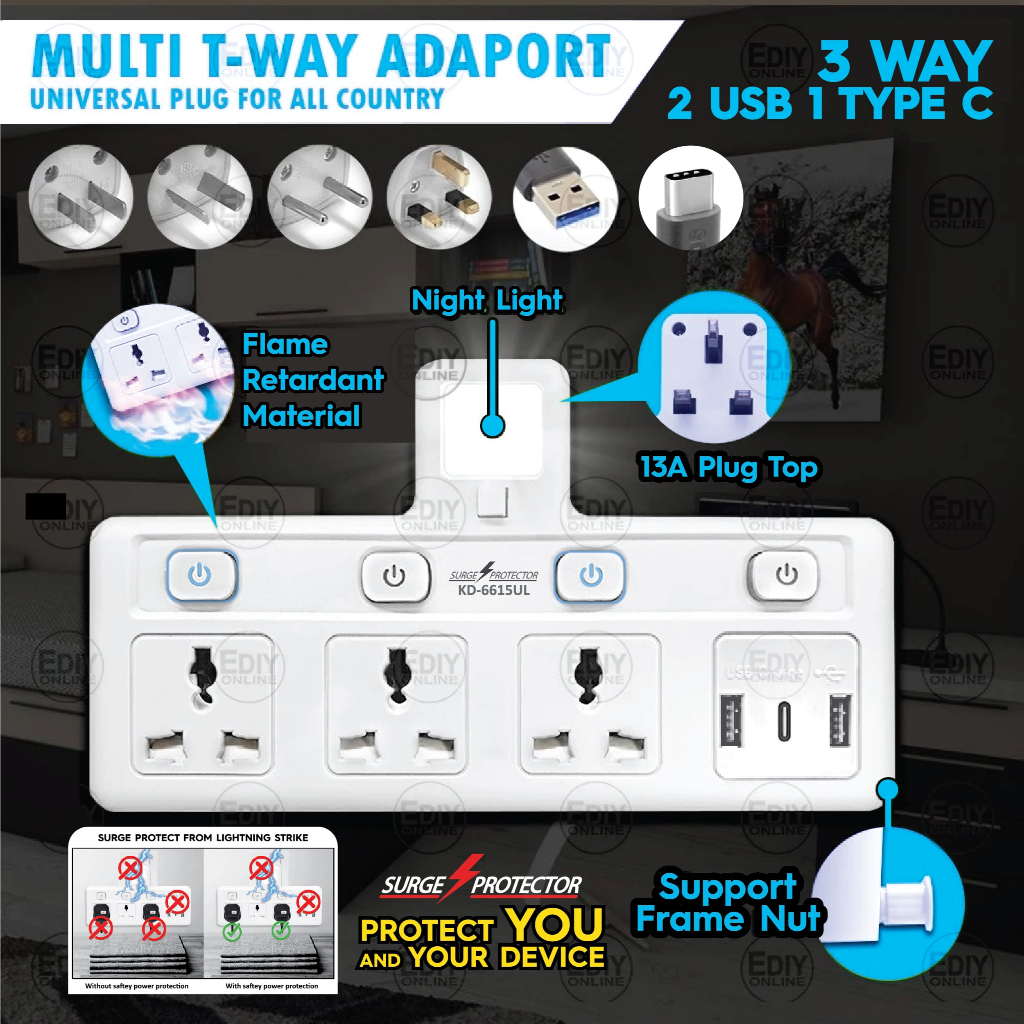 SURGE PROTECTOR 】 ADAPORT SOCKET OUTLET CONVERTER NIGHT LIGHT MULTI USB ...