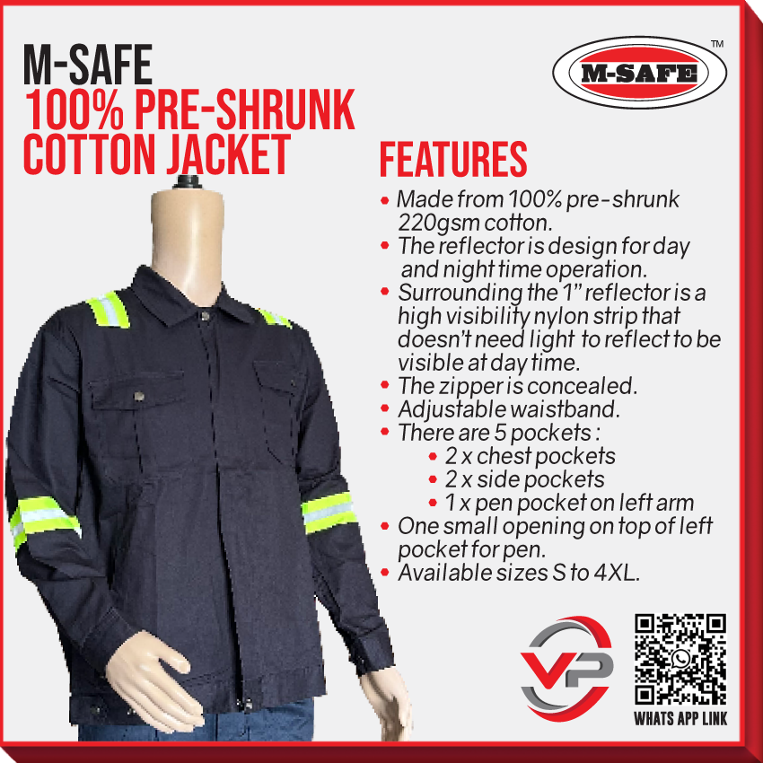M-SAFE 100% COTTON JACKET C/W REFLECTOR / SAFETY JACKET 100% PRE-SHRUNK ...