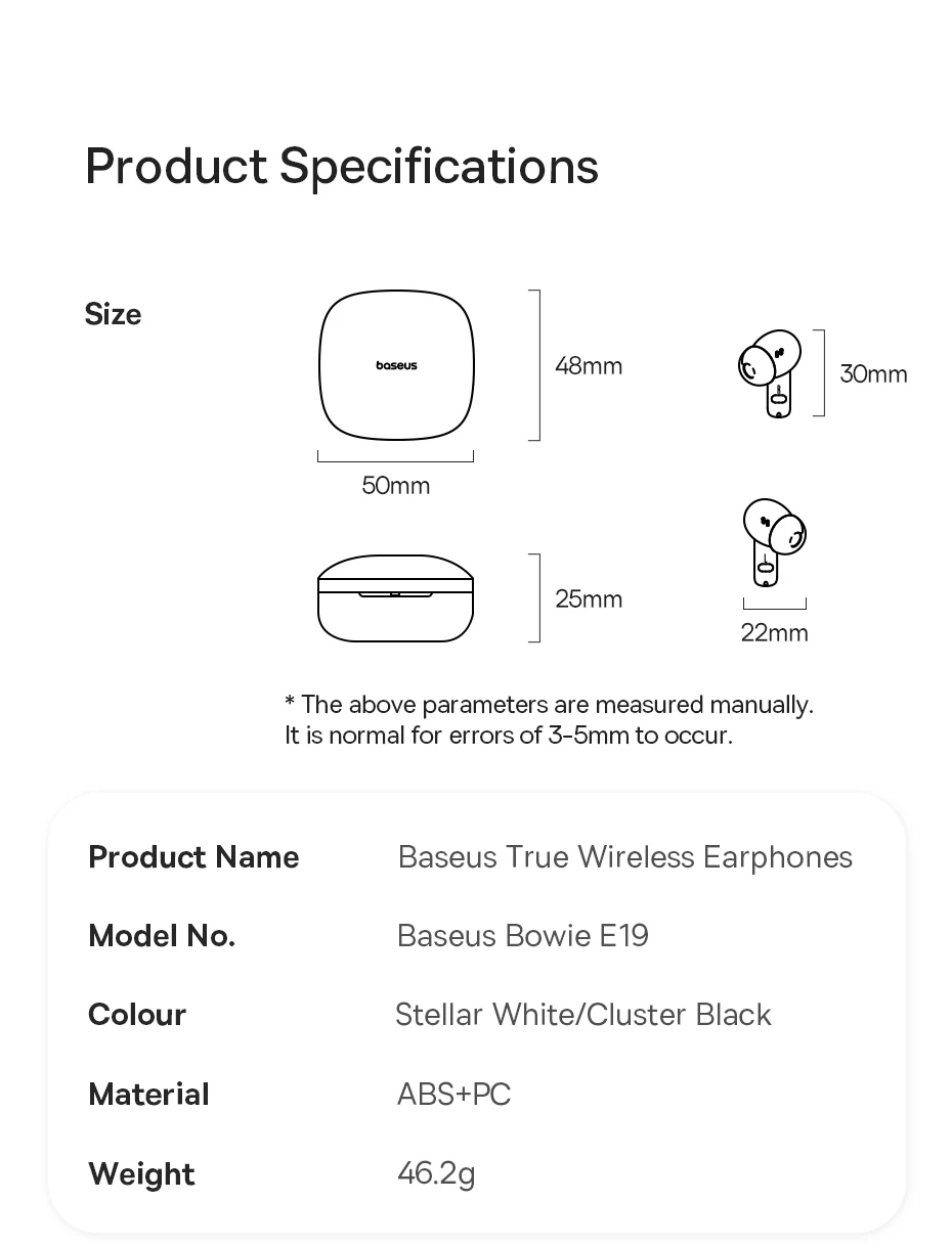 Baseus E19 Wireless Earphones 12mm Drivers With Big Bass Bluetooth 5.3 ...