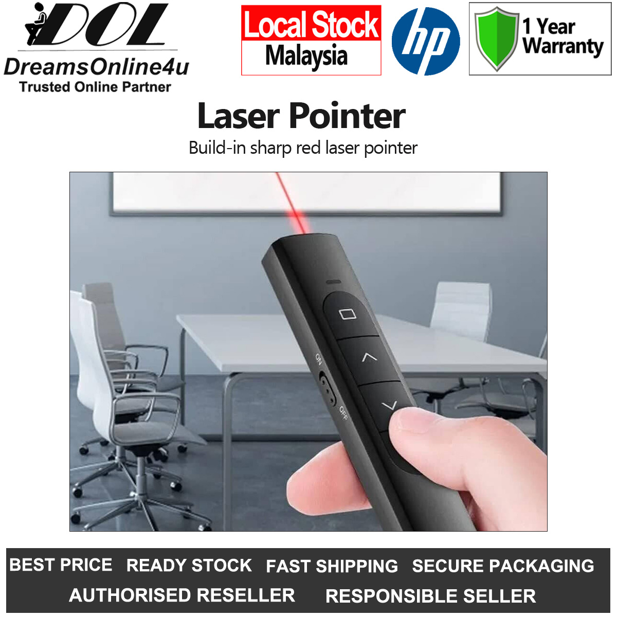 HP SS10 USB 2.4Ghz Plug & Play Wireless Power Point PPT Flip Pen Presenter Red Laser Pointer ...