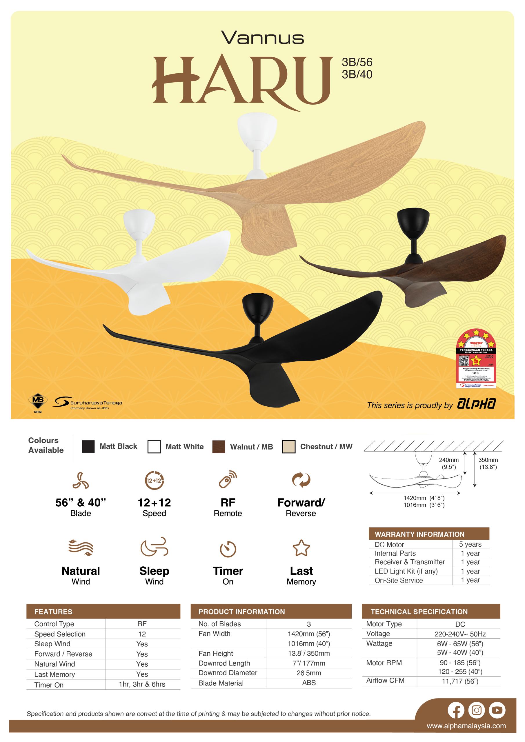 (FreeGift) ALPHA Vannus HARU 3B 56/40 inches DC Remote| 12 Speed ...