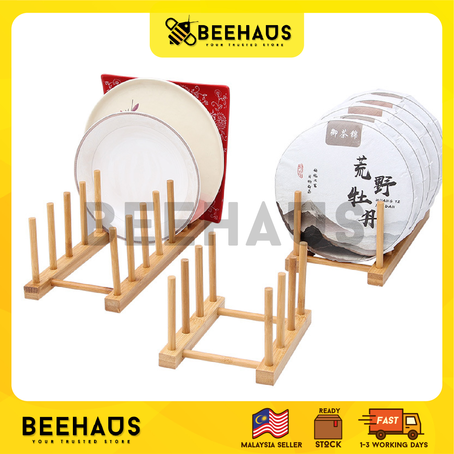 Beehaus Bamboo Plate Coaster Holder | Kitchen Wooden Dish Rack Dish ...