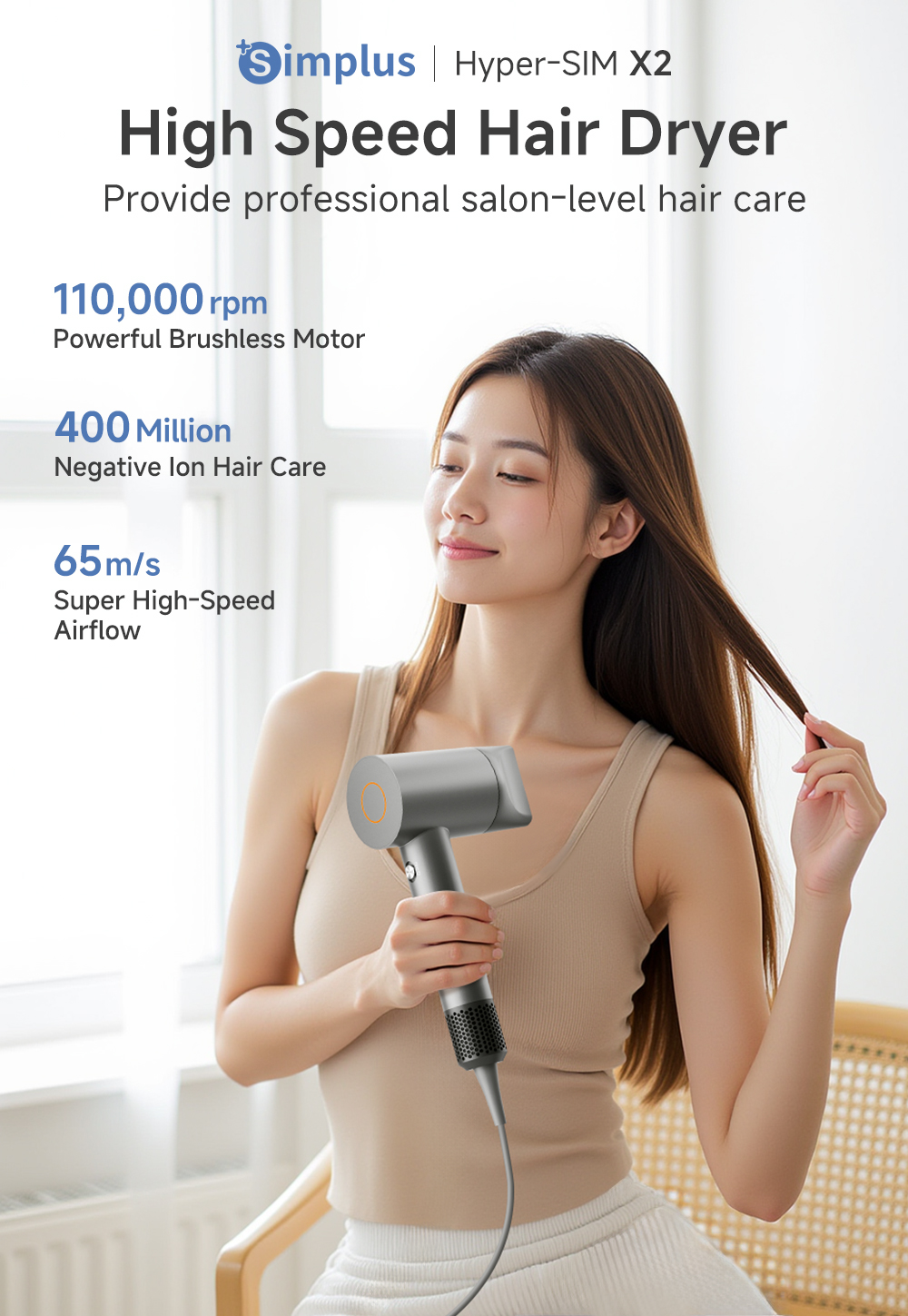 【SimplusPink】Simplus High Speed Hair Dryer 65m/S 3 Temperature 2 Wind Speeds 400 Million ...