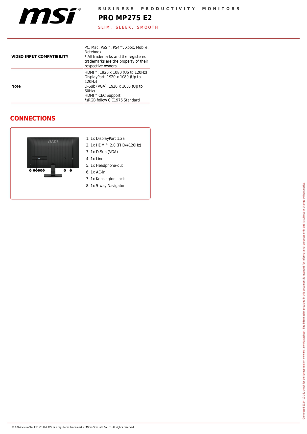 MSI PRO MP275 E2 (120HZ) / MP275 (100HZ) 27" MONITOR ( 27" IPS FHD ...
