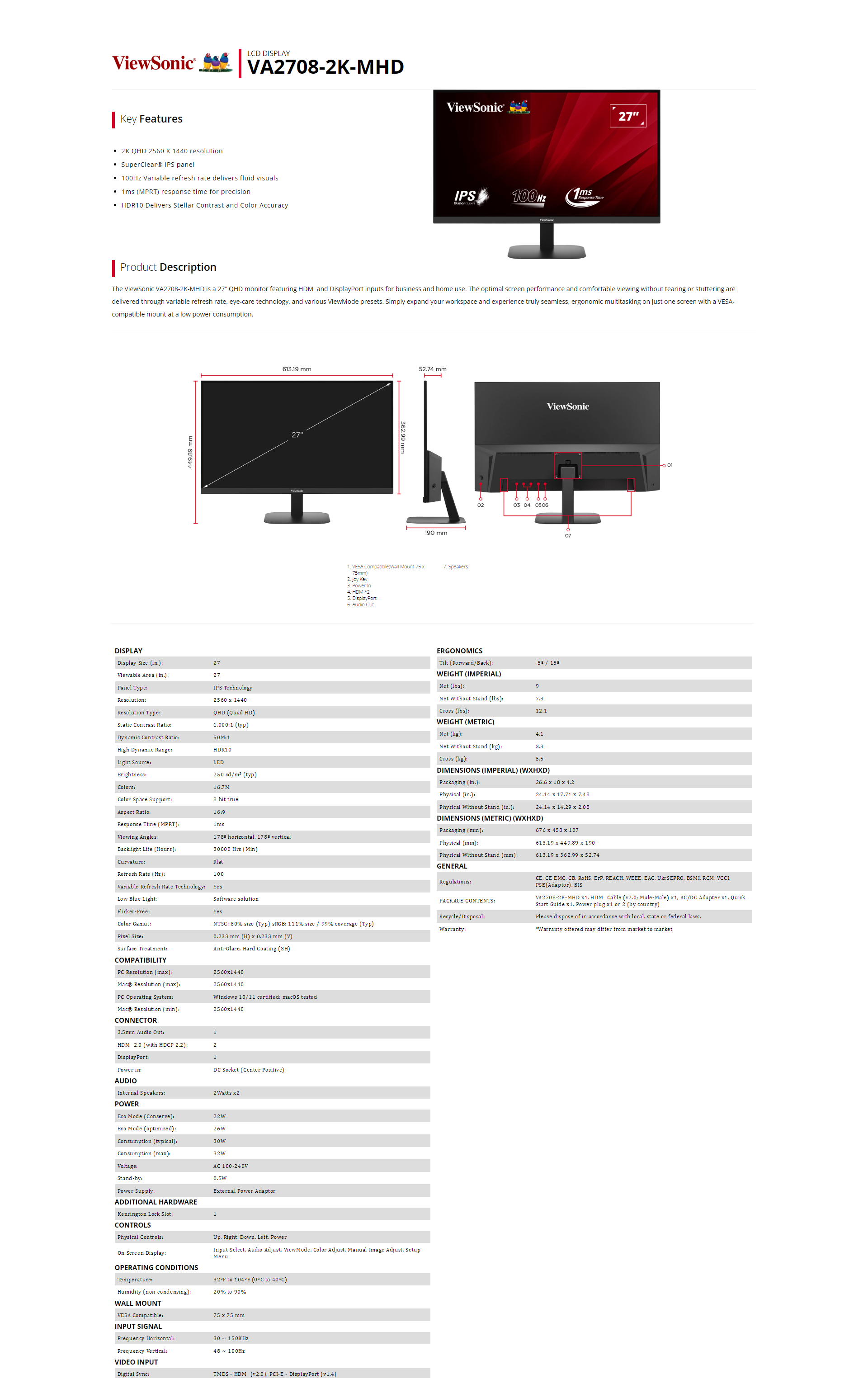 VIEWSONIC 27" VA2732-H / VA2708-2K-MHD 2K QHD / VA2708-4K-MHD 4K UHD ...