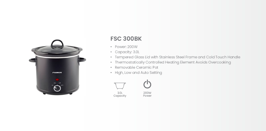 FABER ELECTRIC SLOW COOKER, CERAMIC INNER POT AVAILABLE SIZE (1.5L 3.0L ...