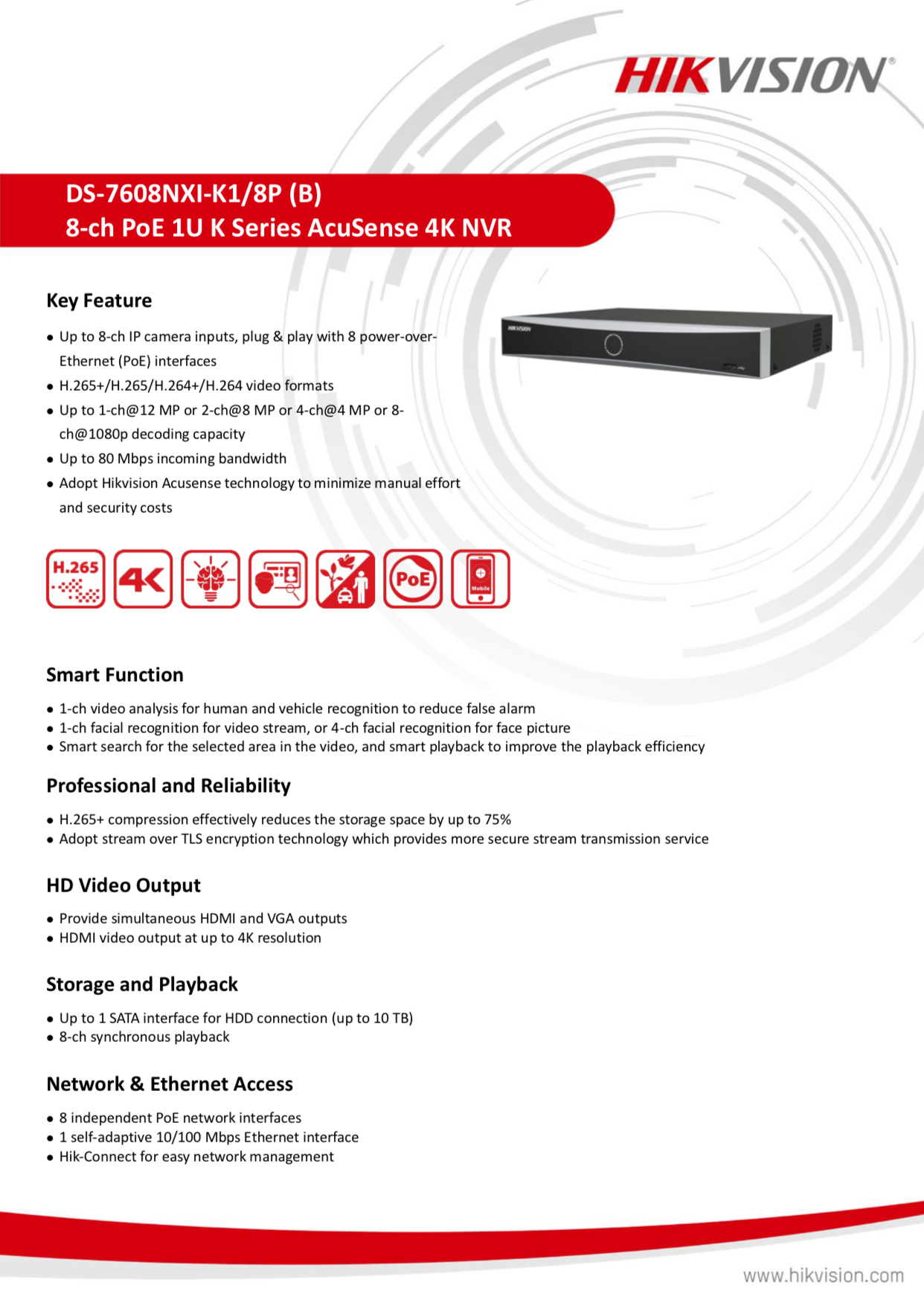 HIK HIKVISION DS-7608NXI-K1/8P 8CH 8 CHANNEL CH 12MP POE NVR IP Network ...